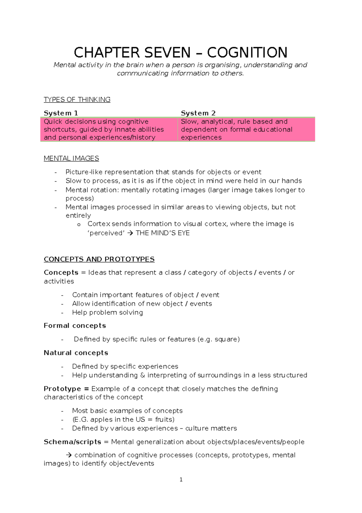 Chapter 7 Cognition - CHAPTER SEVEN – COGNITION Mental activity in the ...