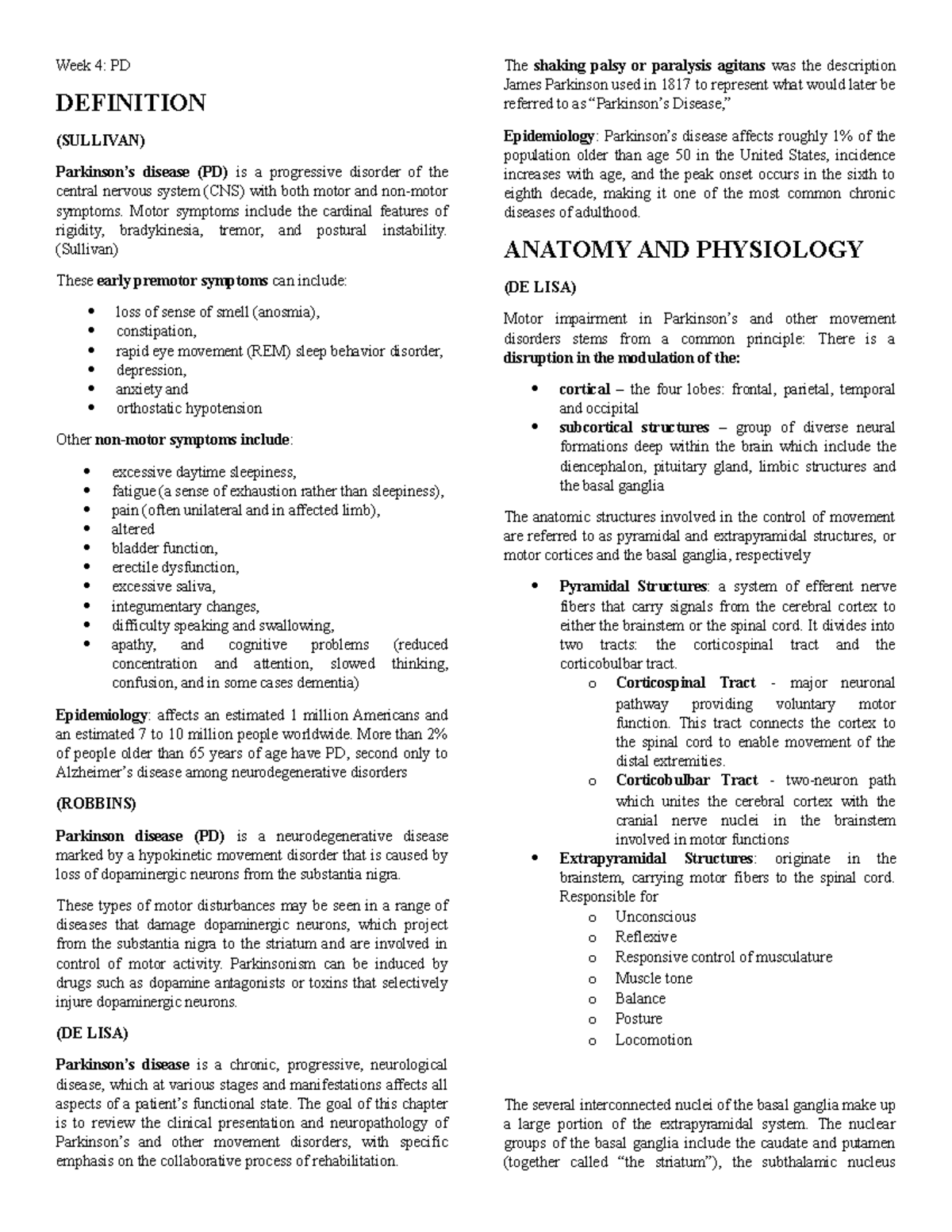 Parkinson's Disease - Lecture notes - Week 4: PD DEFINITION (SULLIVAN ...