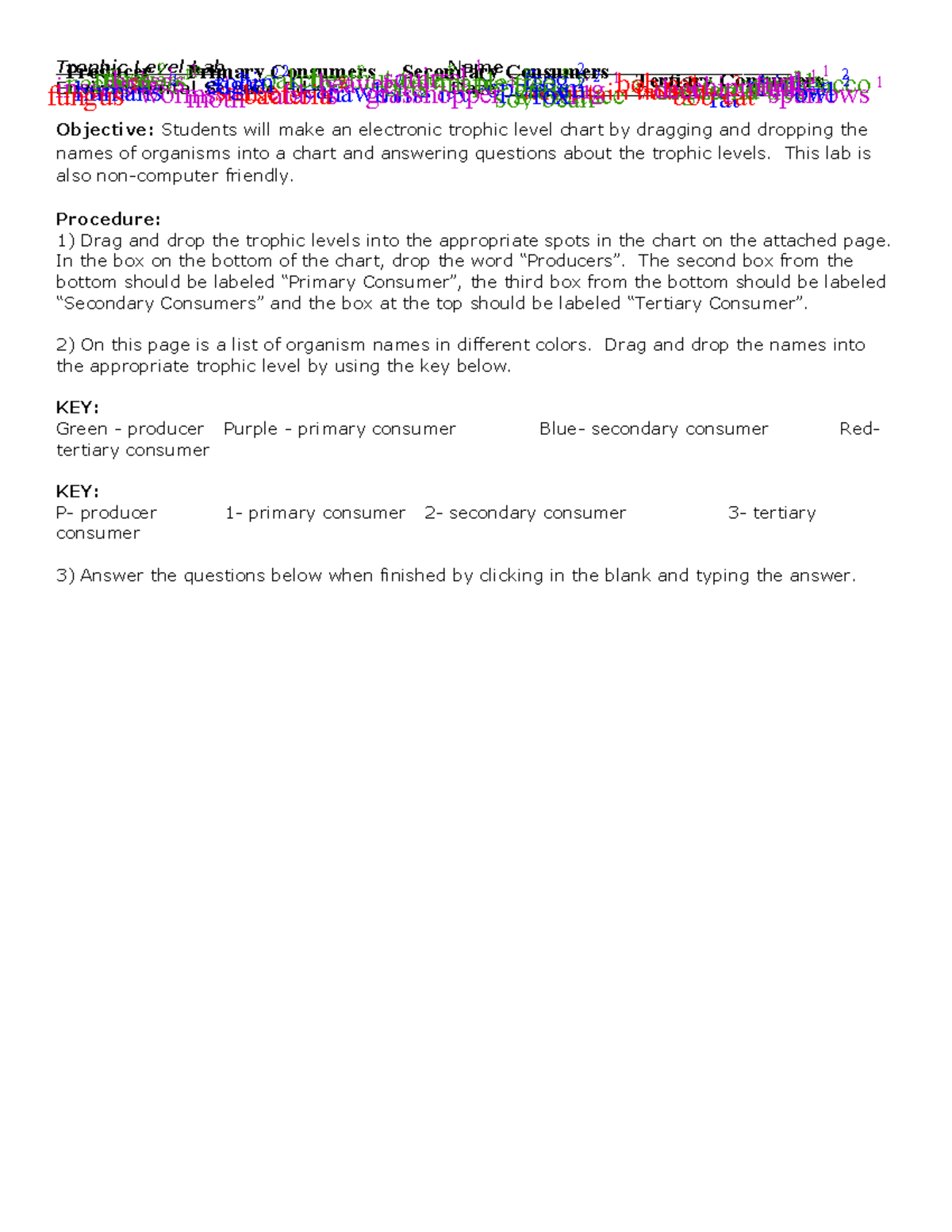 Trophic Level Lab Activity Environmental - Trophic Level Lab Name