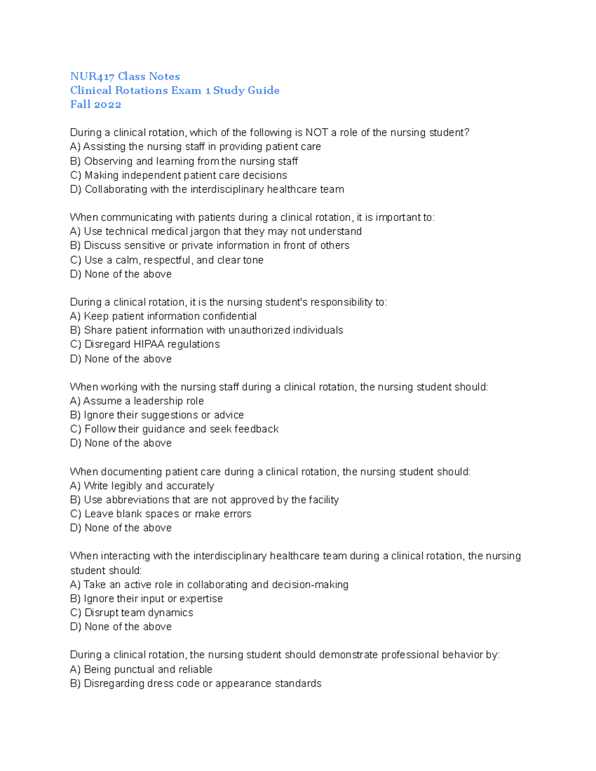 NUR417 Clinical Rotations Exam 1 - NUR417 Class Notes Clinical ...