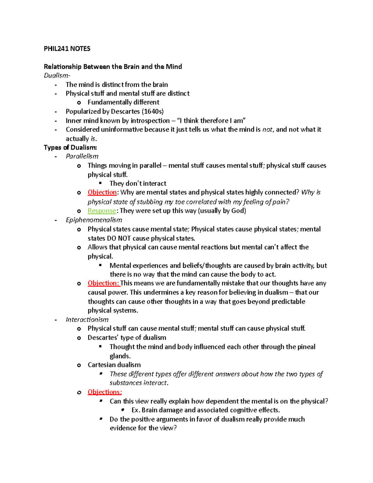 PHIL Notes - PHIL241 NOTES Relationship Between the Brain and the Mind ...