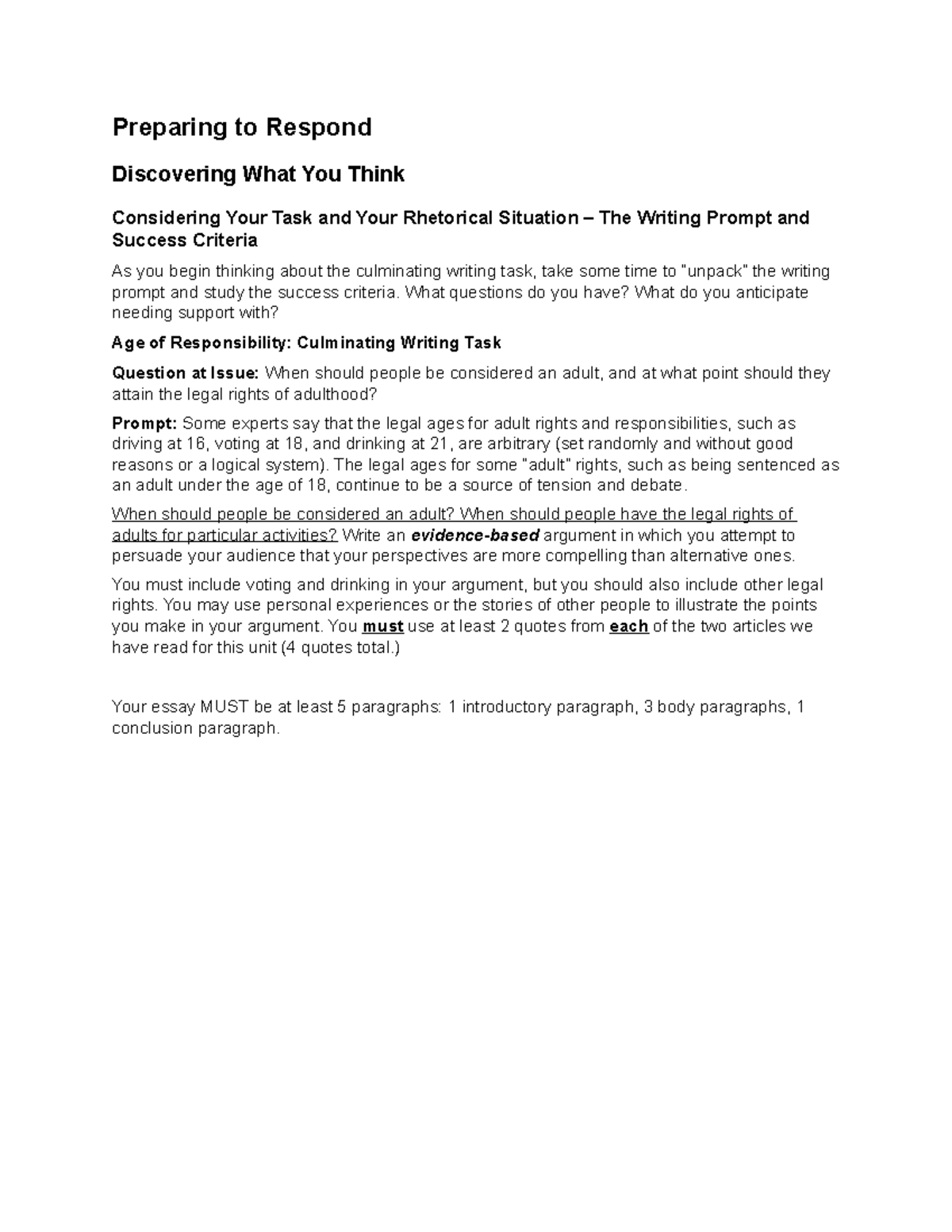 AOR Essay Prompt Guide - Preparing to Respond Discovering What You ...