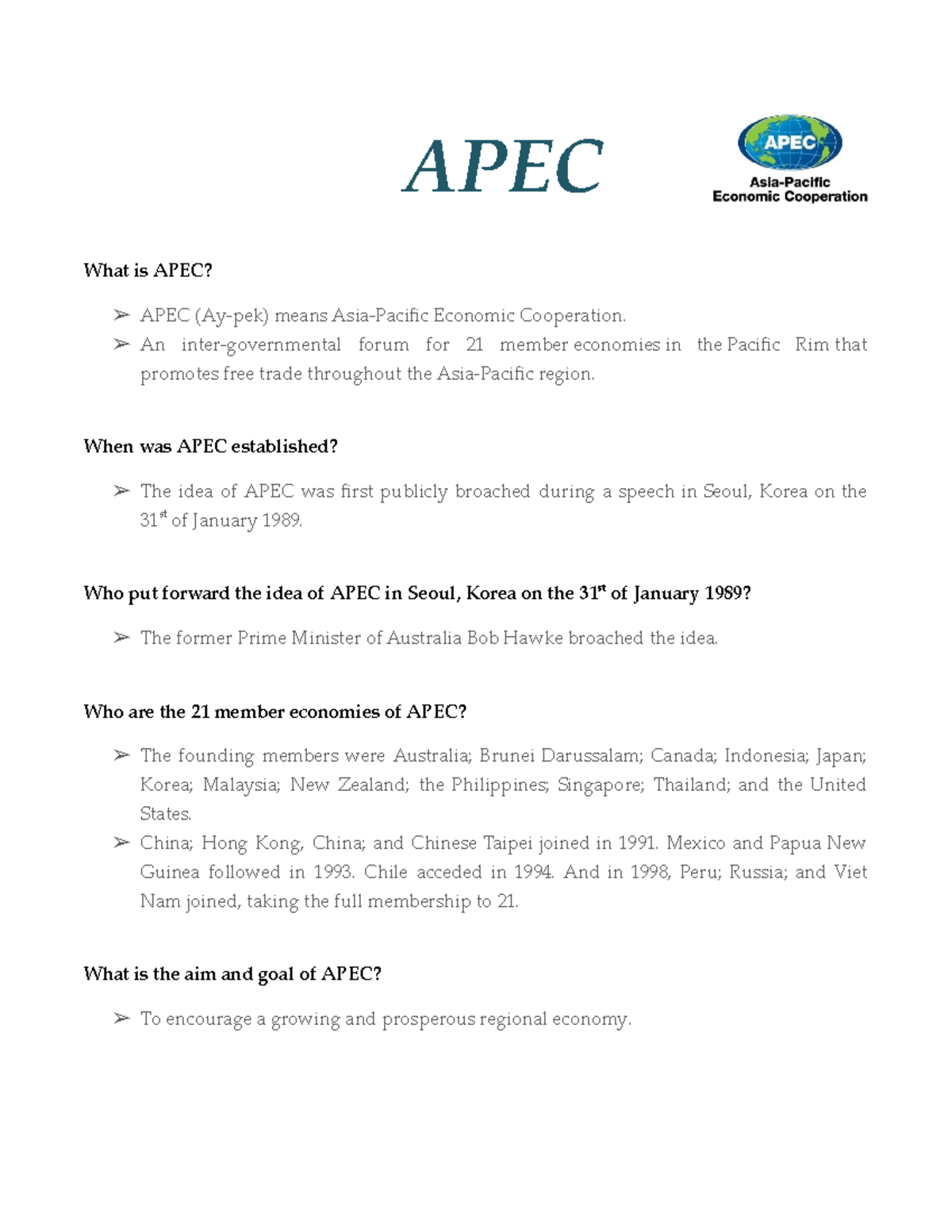 Asia-Pacific Economic Cooperation (Revised) - APEC What is APEC? APEC ...