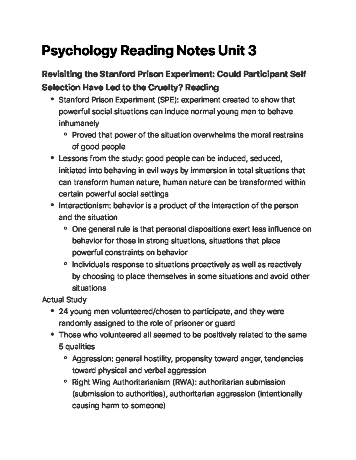 Psychology Reading Notes Unit 3 - Psyc h o l o g y Re a d i n g N o te ...