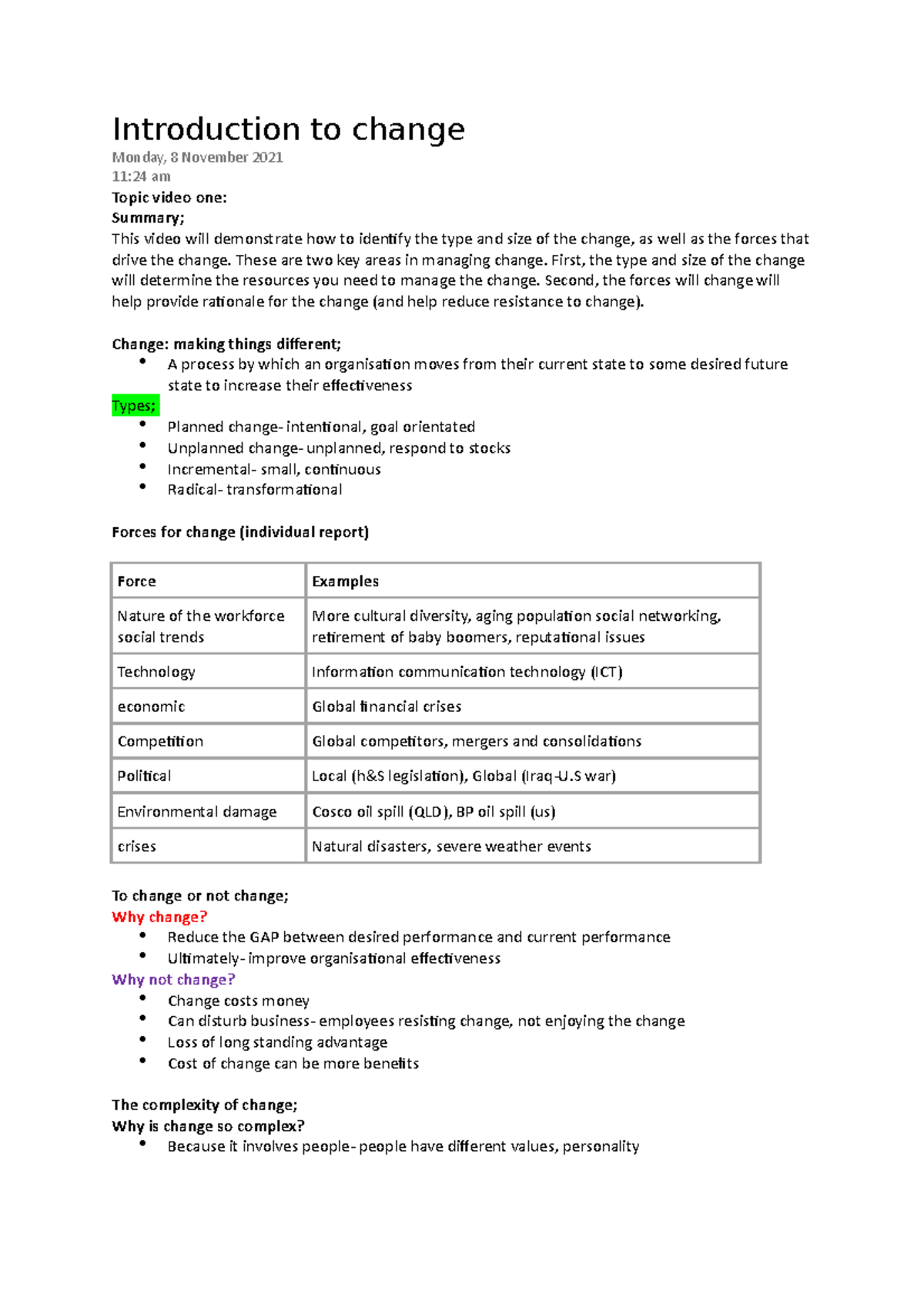 Introduction to change - 1004GIR - Griffith - Studocu