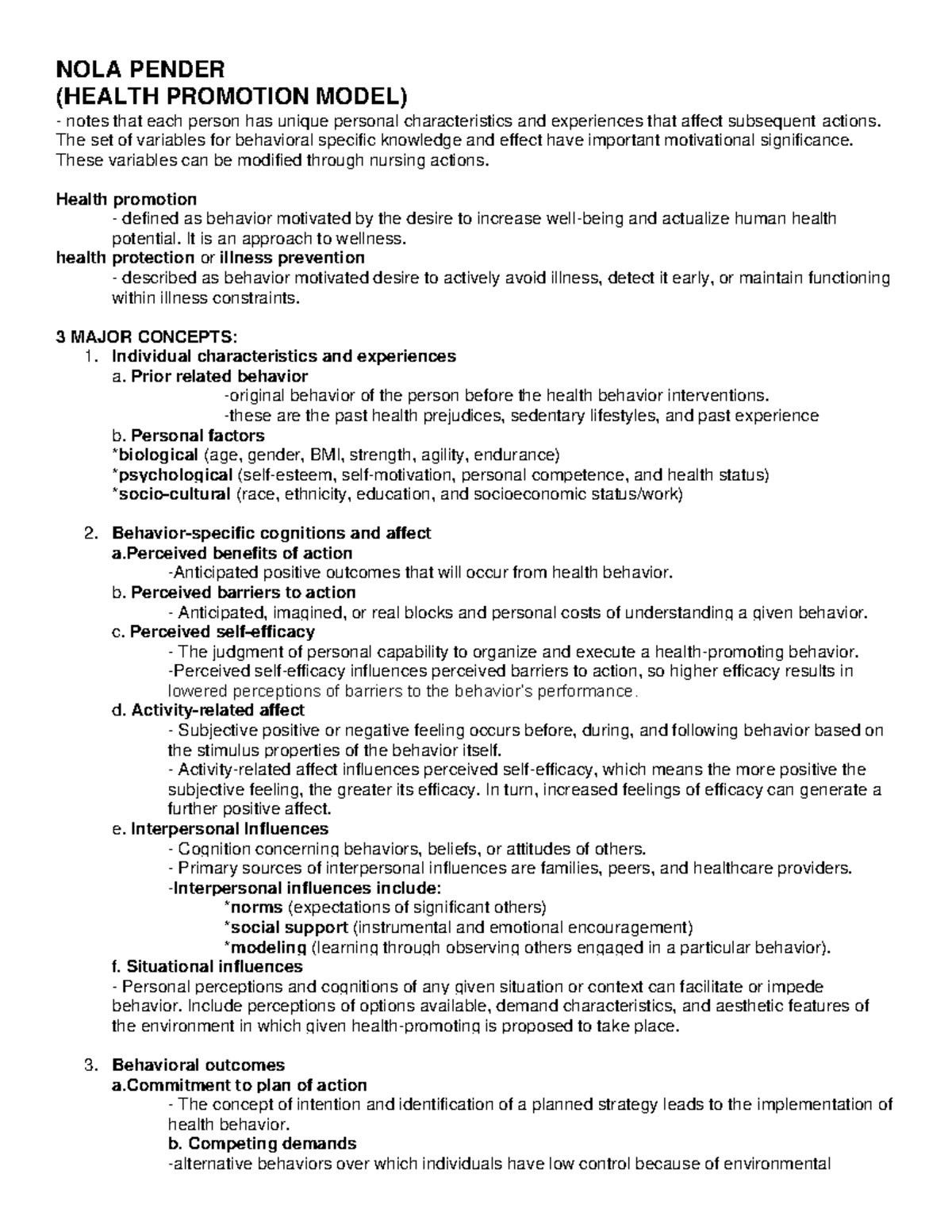 NOLA Pender - reviewer - NOLA PENDER (HEALTH PROMOTION MODEL) notes ...