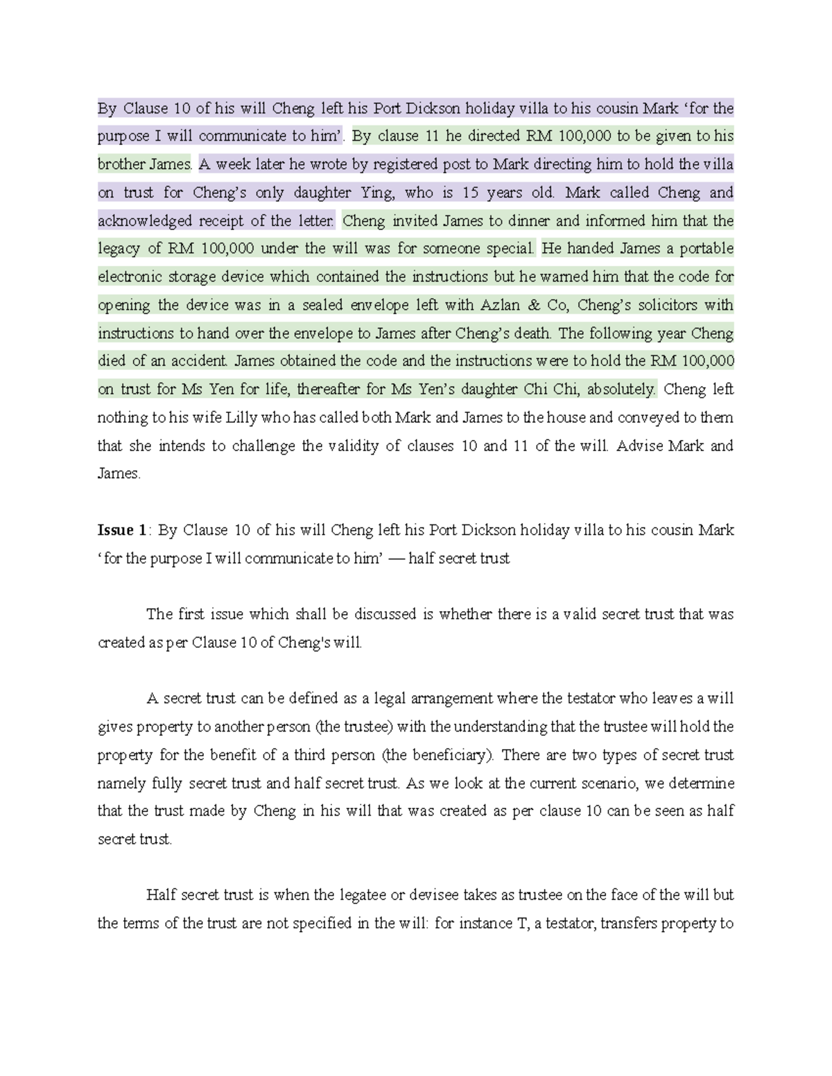 Topic of secret trust - By Clause 10 of his will Cheng left his Port ...