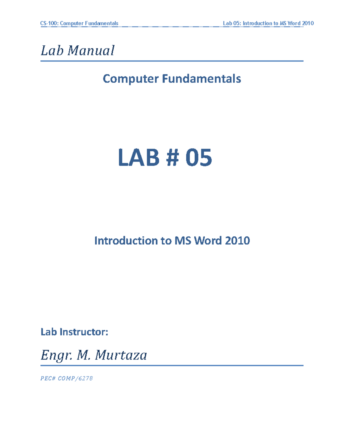 Lab 5 - Introduction to MS Word 2010 - Lab Manual Computer Fundamentals Introduction to MS Word ...