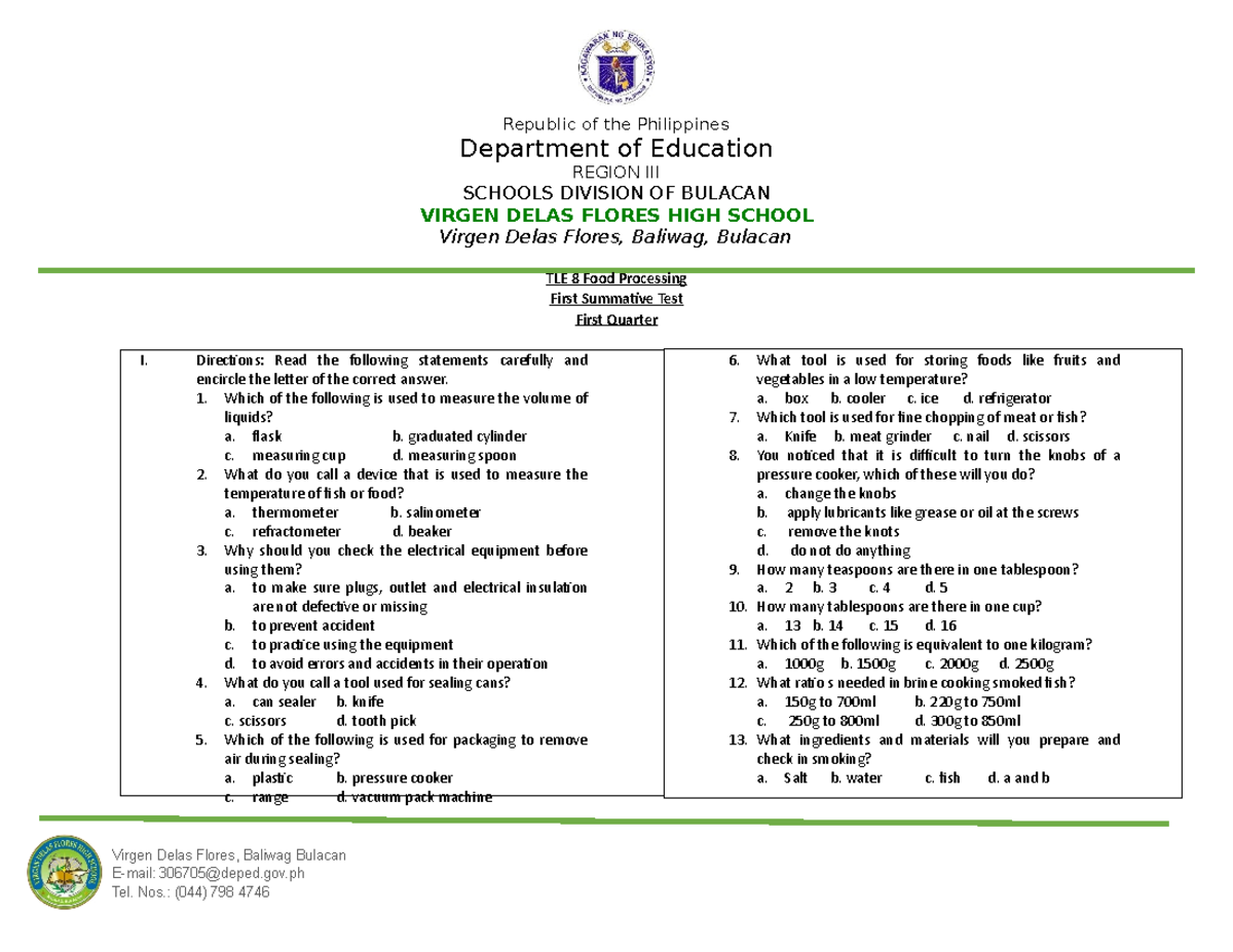 532911462 Tle 8 Summative 1st Quarter - Republic of the Philippines ...