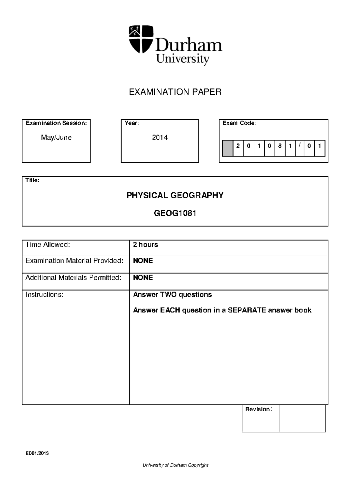 Exam 2014, questions - EXAMINATION PAPER Examination Session: May/June ...