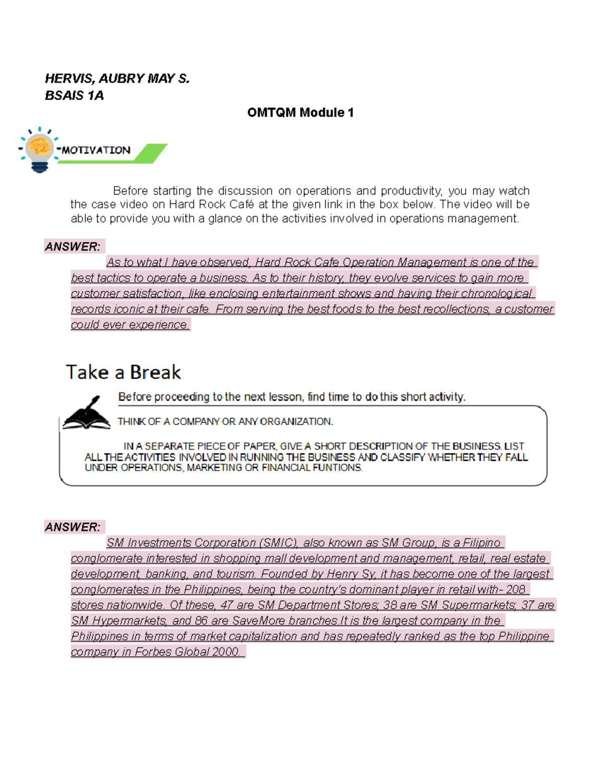 Hervias - Bsais 1A - answersheet on OM - HERVIS, AUBRY MAY S. BSAIS 1A OMTQM Module 1 Before ...