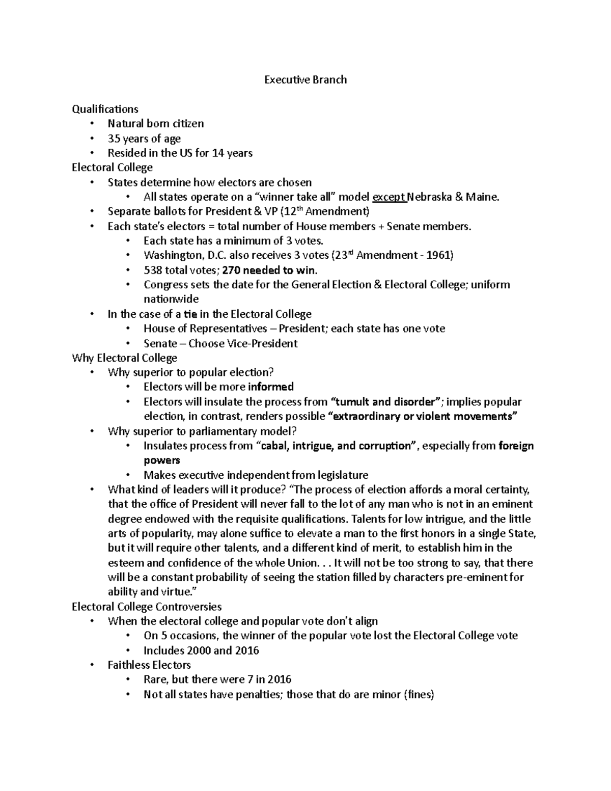 Executive Branch Qualifications Electoral College Duties Controversies ...