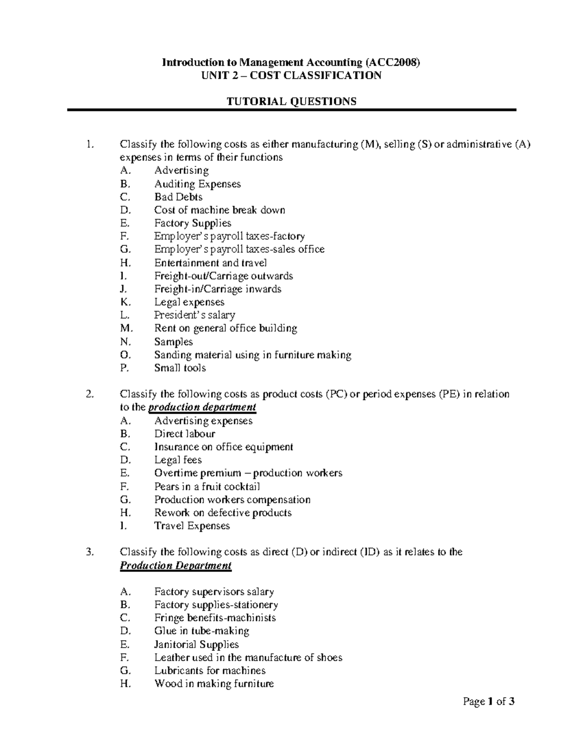 Unit 2 - Cost Classification [Tutorial Questions] - Page 1 of 3 Introduction to Management - Studocu