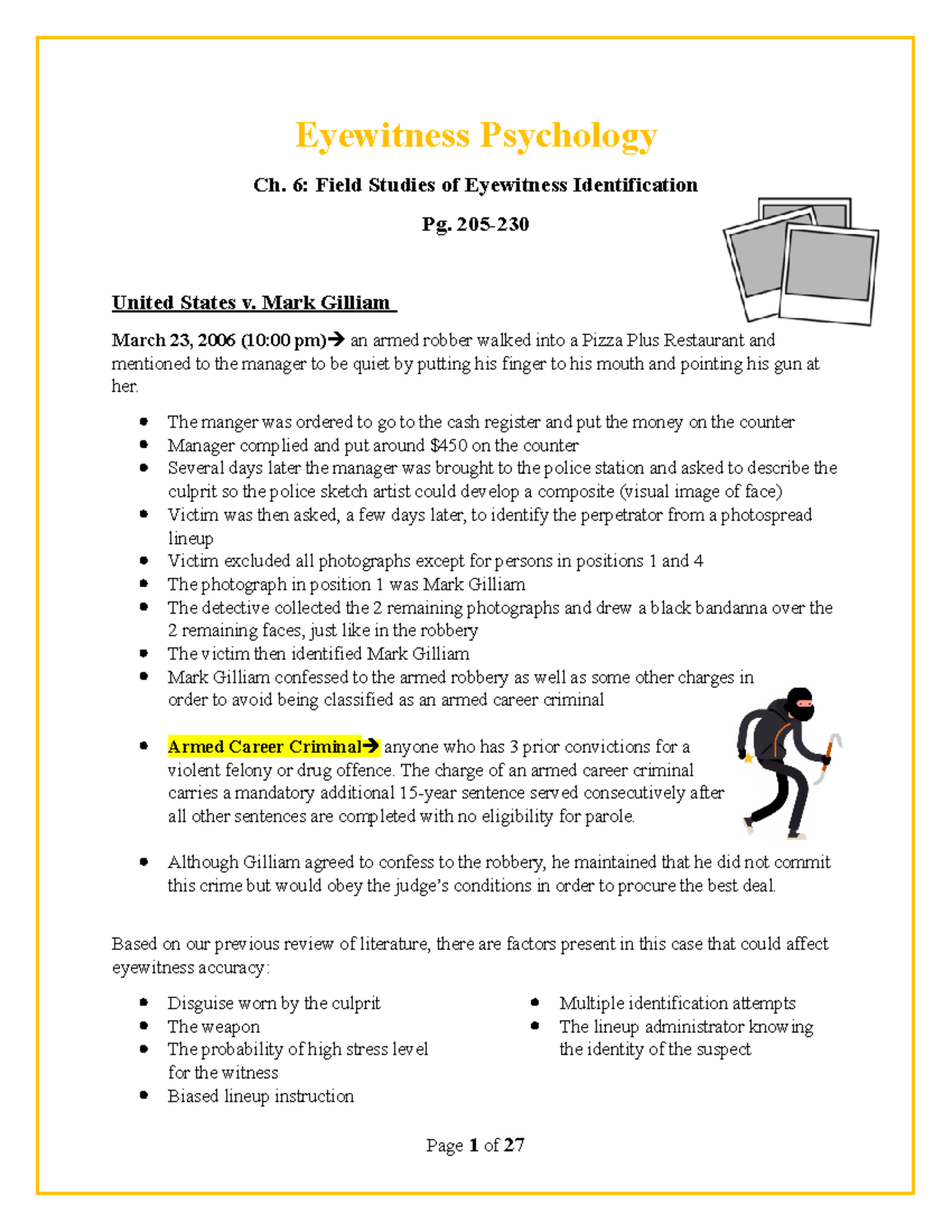 Eyewitness Psychology Ch 6 Note - Eyewitness Psychology Ch. 6: Field ...