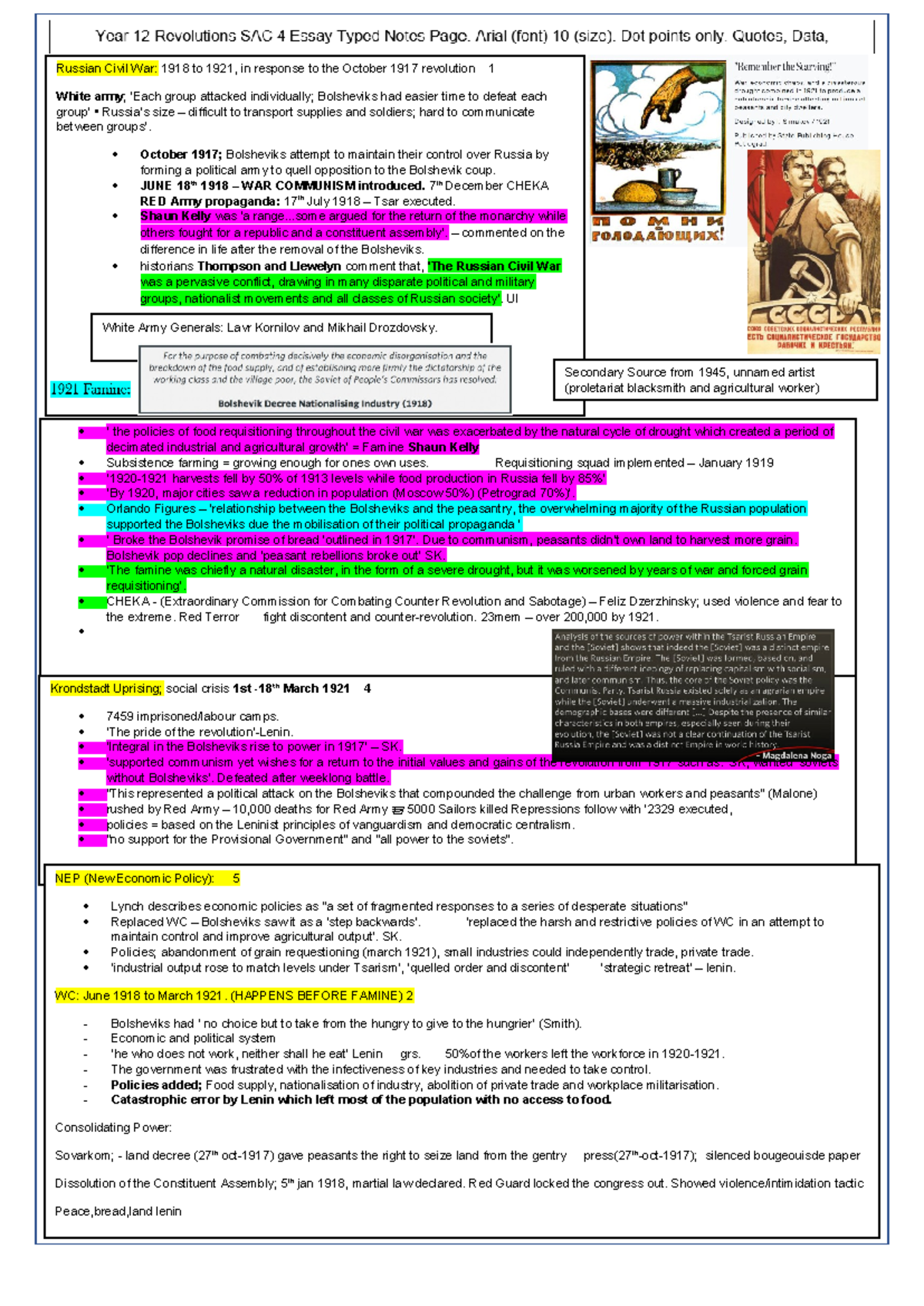 History Unit 4 Sheet - Russian Civil War: 1918 to 1921, in response to ...