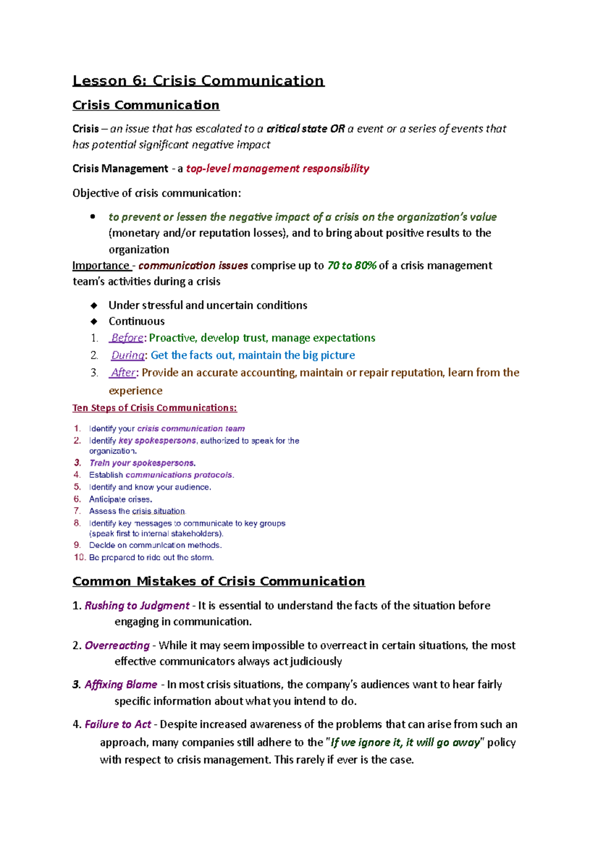 Lesson 6 Notes - Lesson 6: Crisis Communication Crisis Communication ...