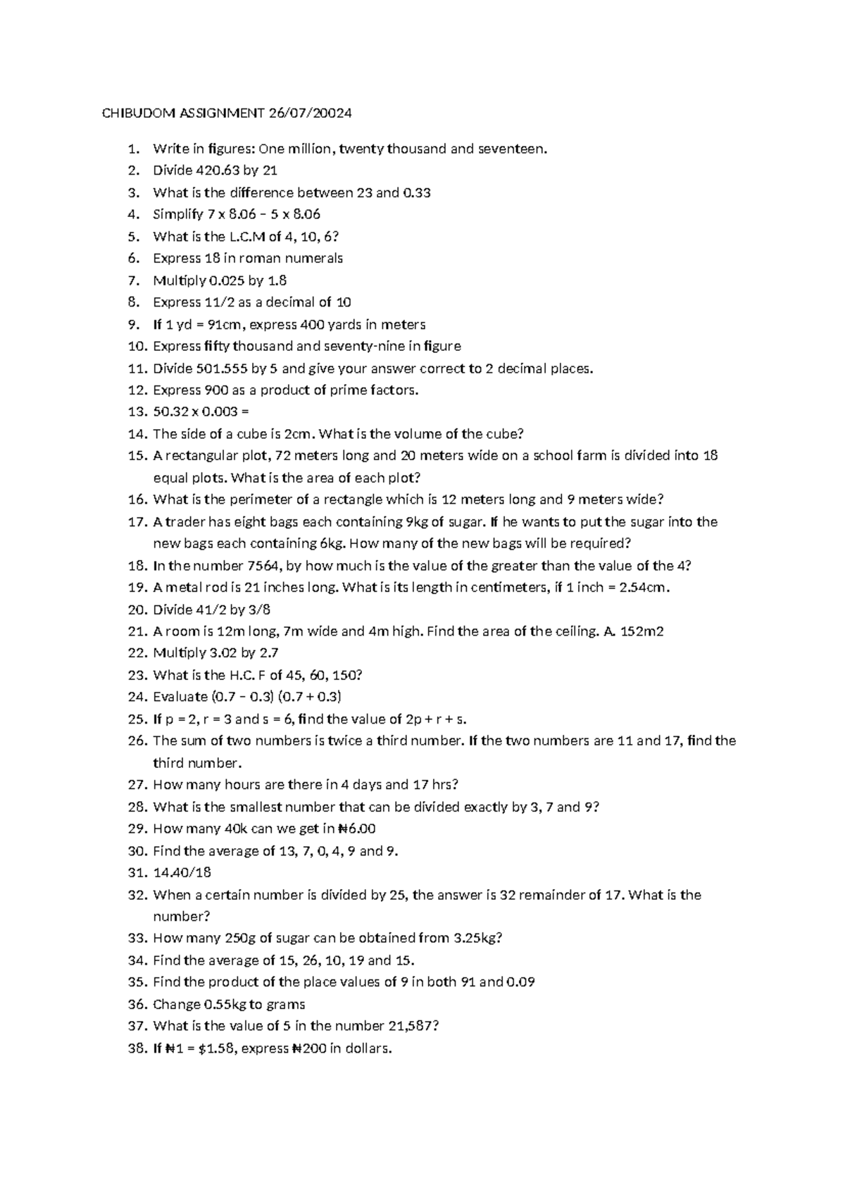 Chibudom Assignment 26 - CHIBUDOM ASSIGNMENT 26/07/ Write in figures: One million, twenty ...