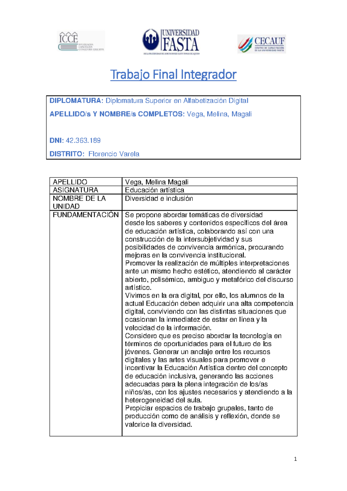 Melina Magali Vega- Diplomatura superior Alfabetización digital - Trabajo Final Integrador - Studocu