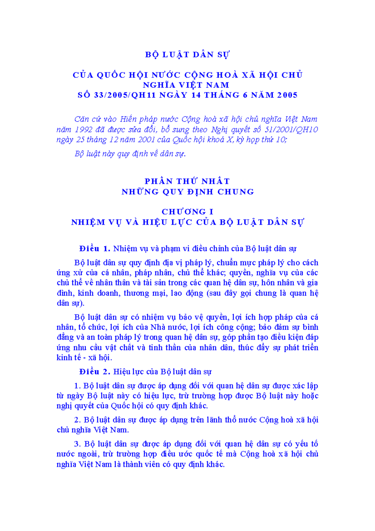 BLDS 2005 - tài liệu tham khảo - BỘ LUẬT DÂN SỰ CỦA QUỐC HỘI NƯỚC CỘNG HOÀ X Ã HỘI CHỦ NGHĨA ...