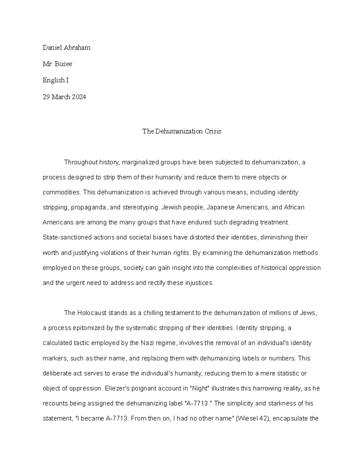 Adeoluwa Abraham - Dehumanization - Daniel Abraham Mr. Busee English I ...