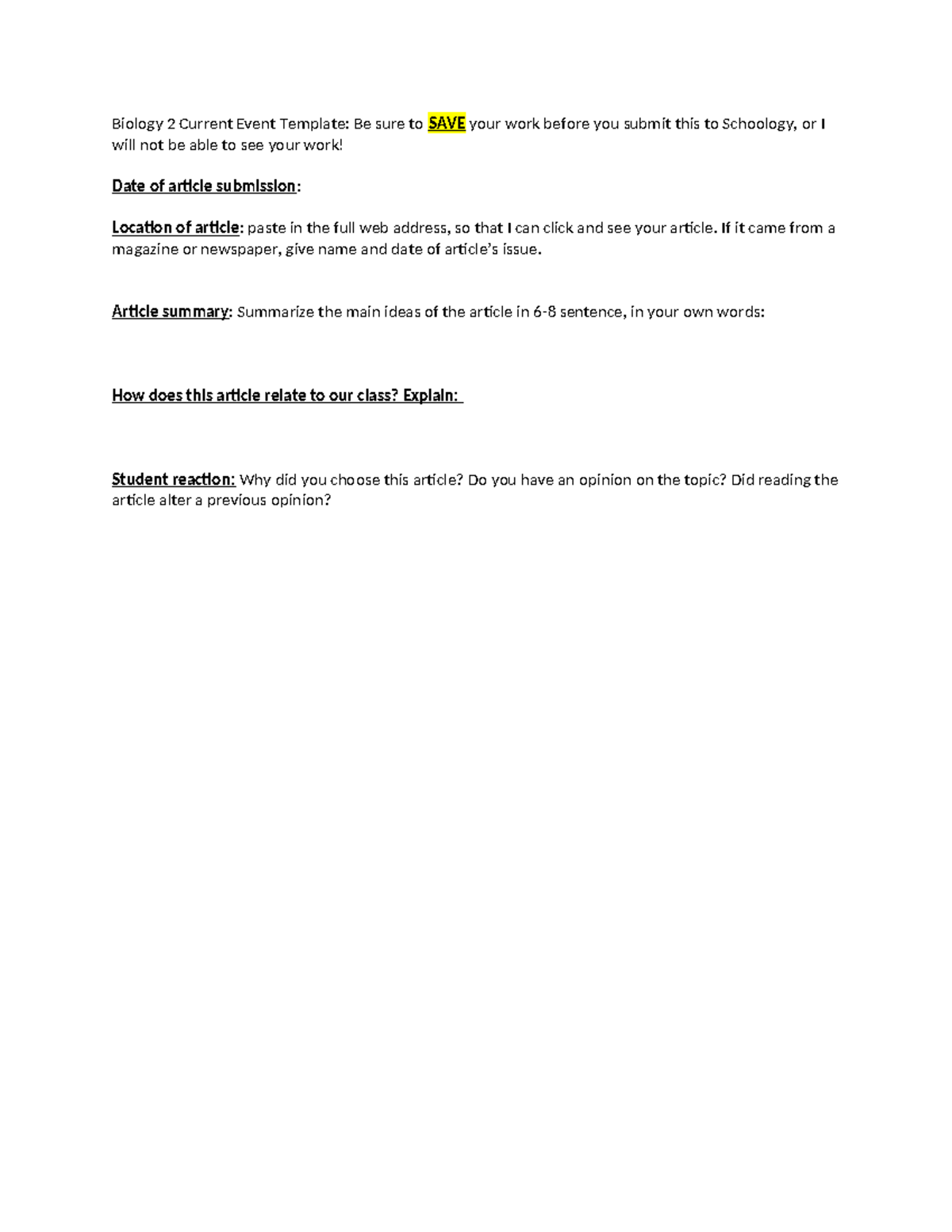 Biology 2 Current Event Template - Biology 2 Current Event Template: Be ...