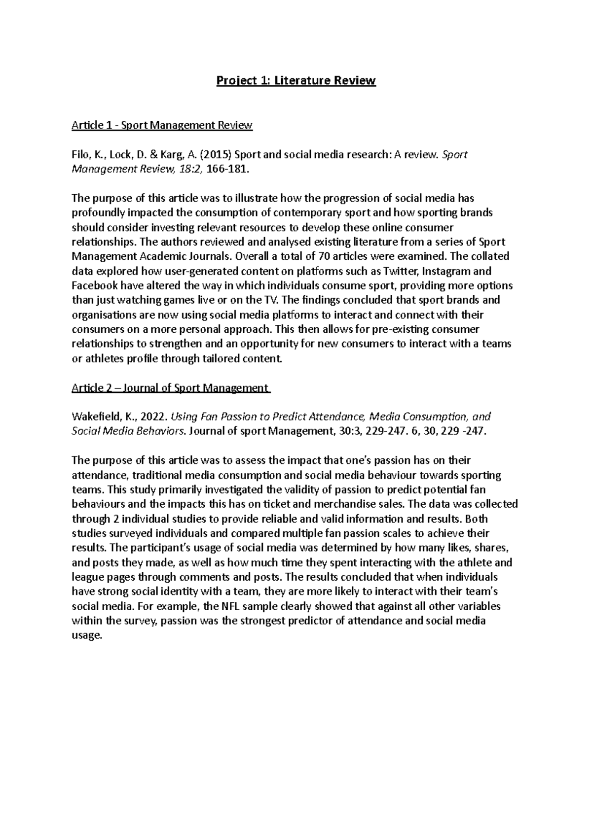 Literature review - Project 1: Literature Review Article 1 - Sport ...