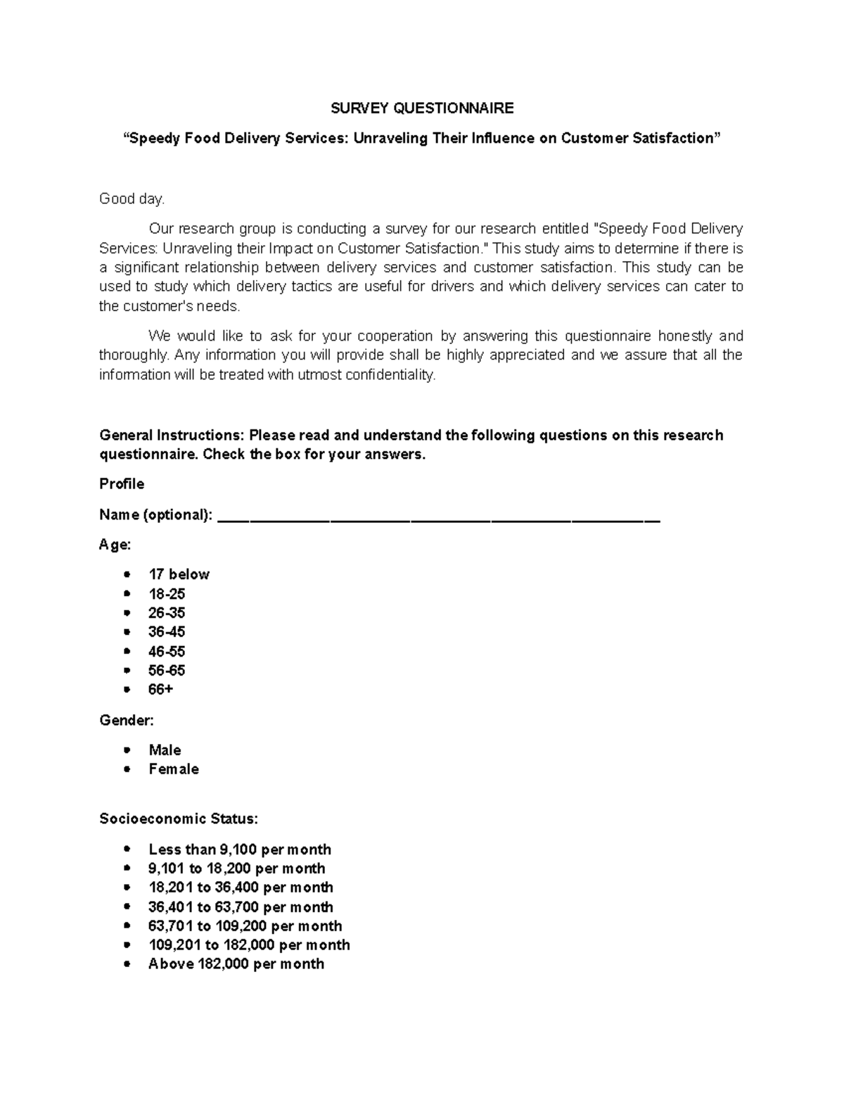 Research Questionnaire-submit - SURVEY QUESTIONNAIRE “Speedy Food ...