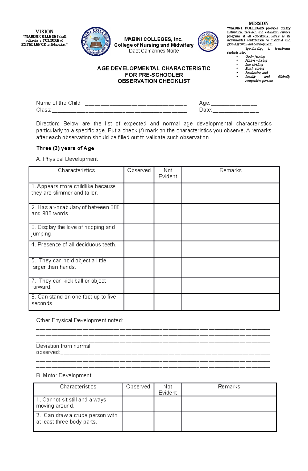 Age Development task Checklist - MABINI COLLEGES, Inc. College of ...