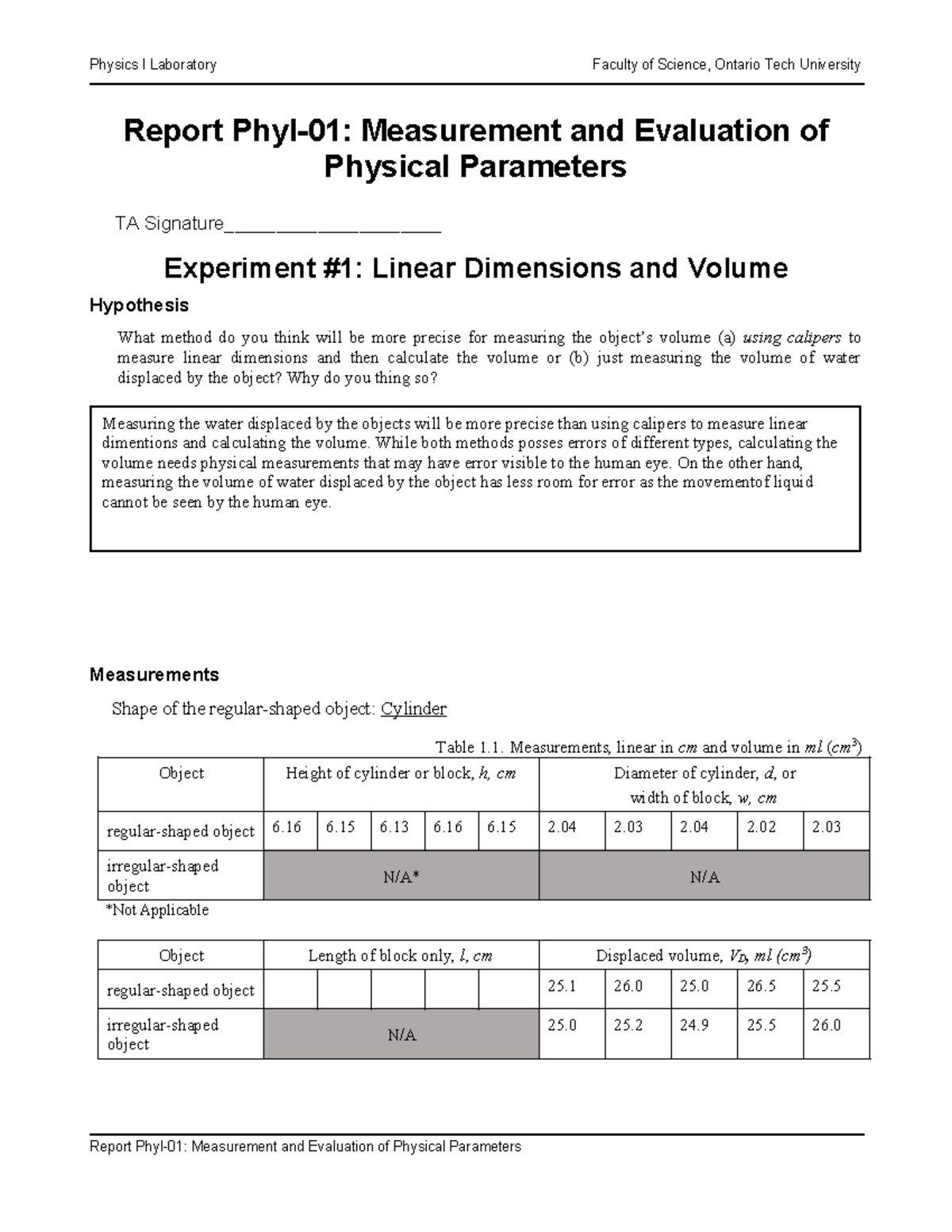 Physics Lab 1 - lab 1 - Report PhyI-01: Measurement and Evaluation of ...