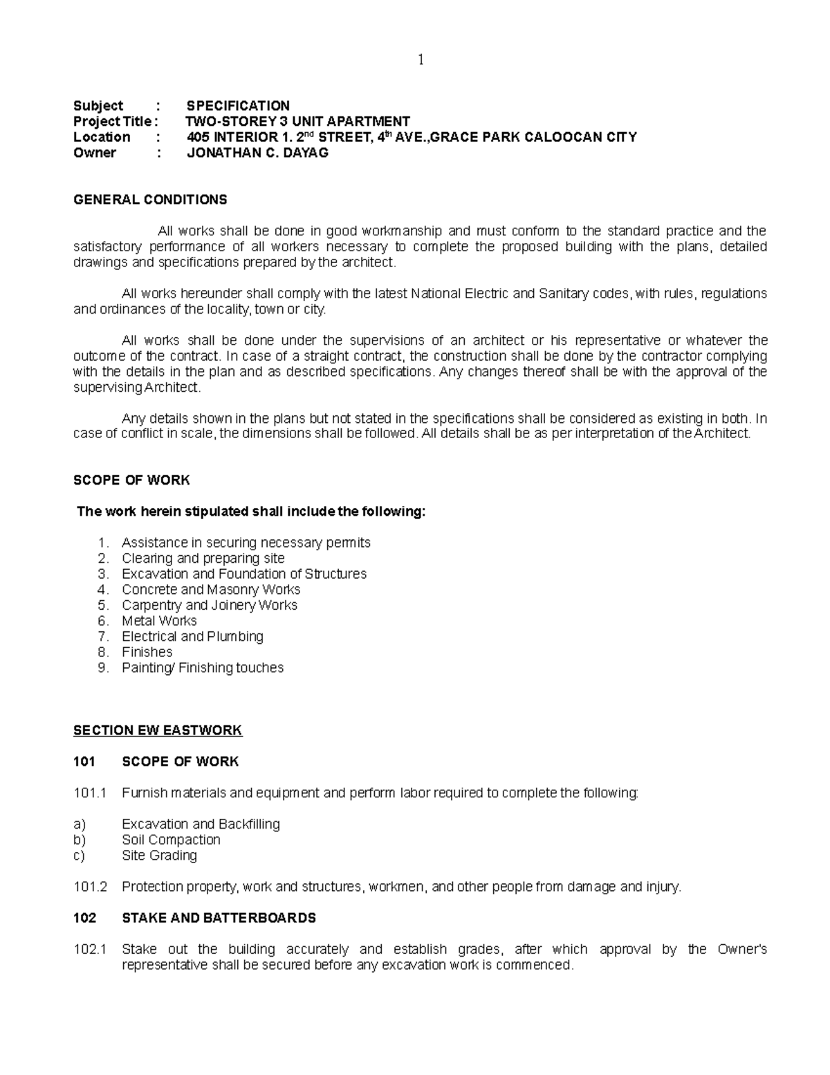 Specs - specification of apartment - Subject : SPECIFICATION Project ...