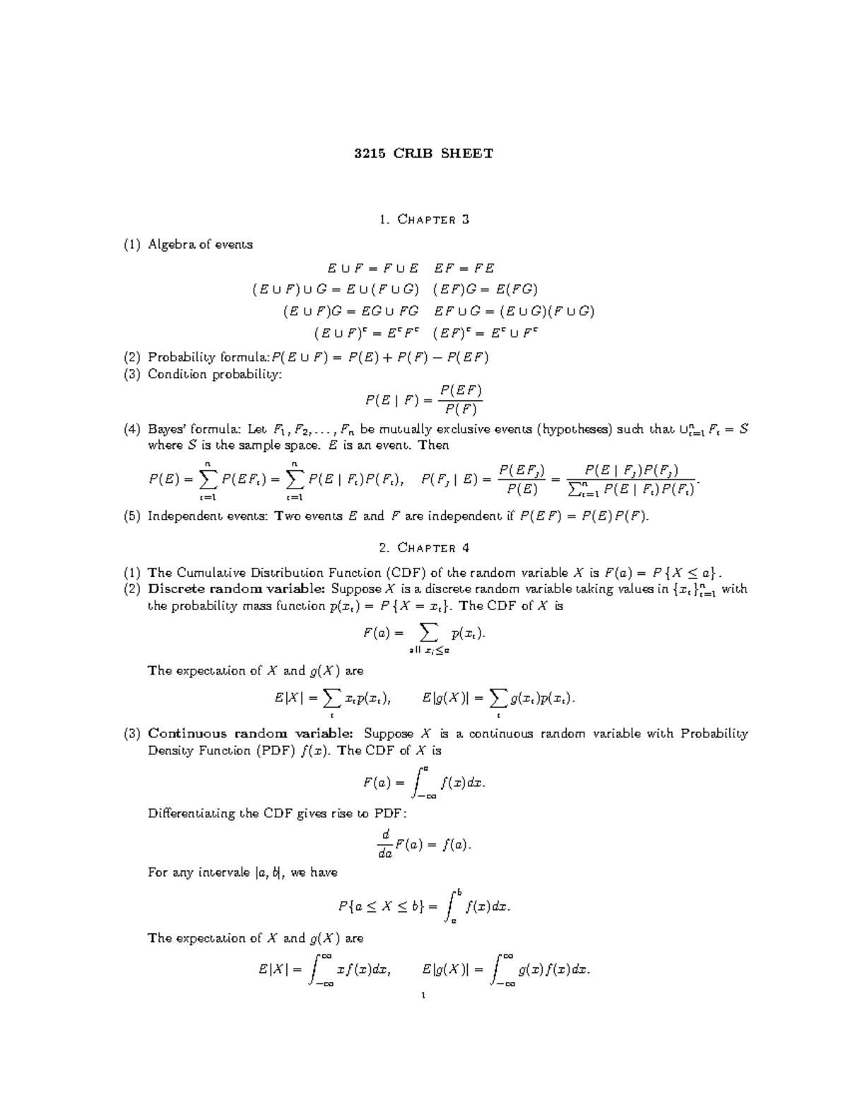 Final crib - 3215 CRIB SHEET 1. Chapter 3 (1) Algebra of events E ∪ F ...