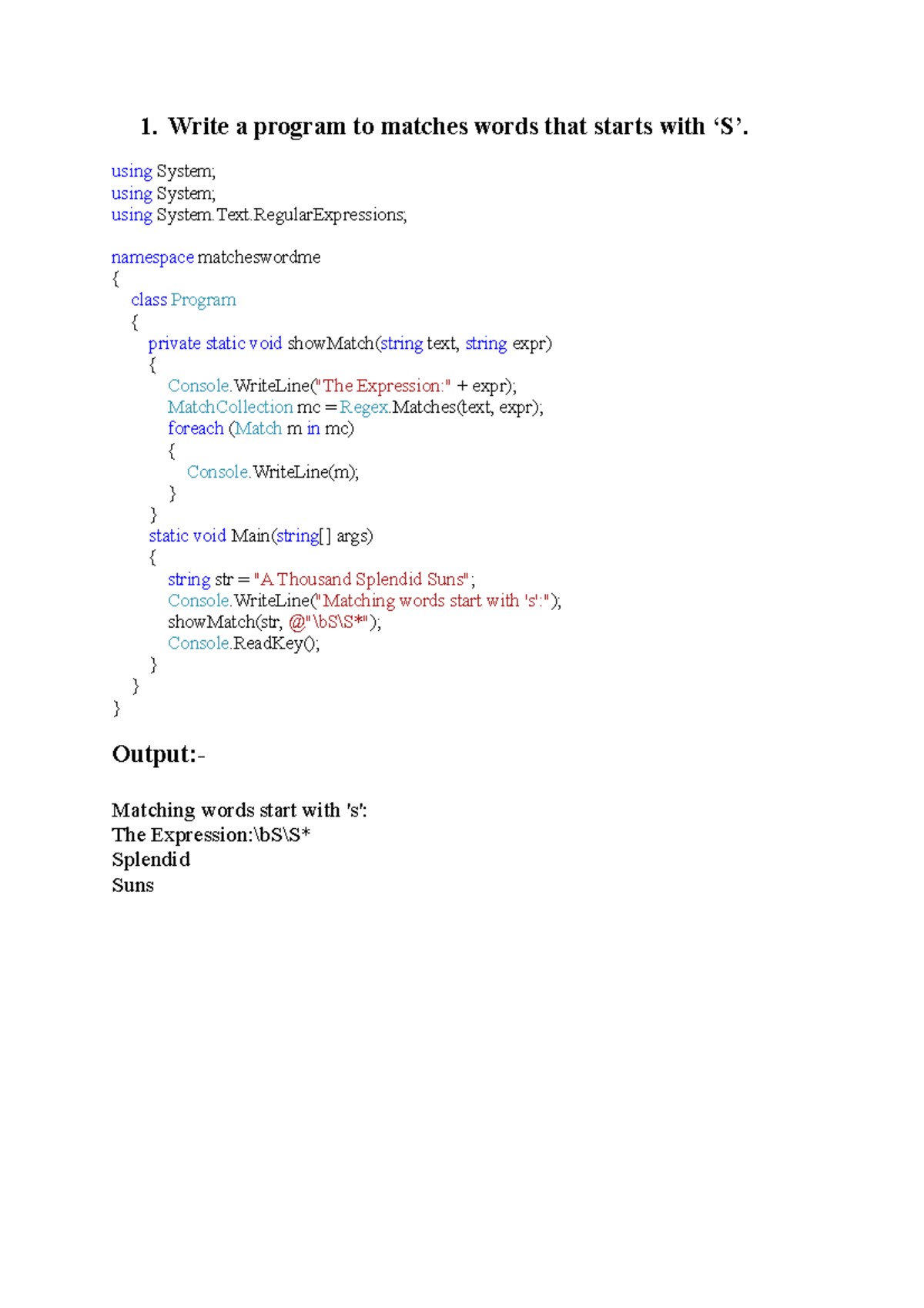 C# - Useful notes - 1. Write a program to matches words that starts ...