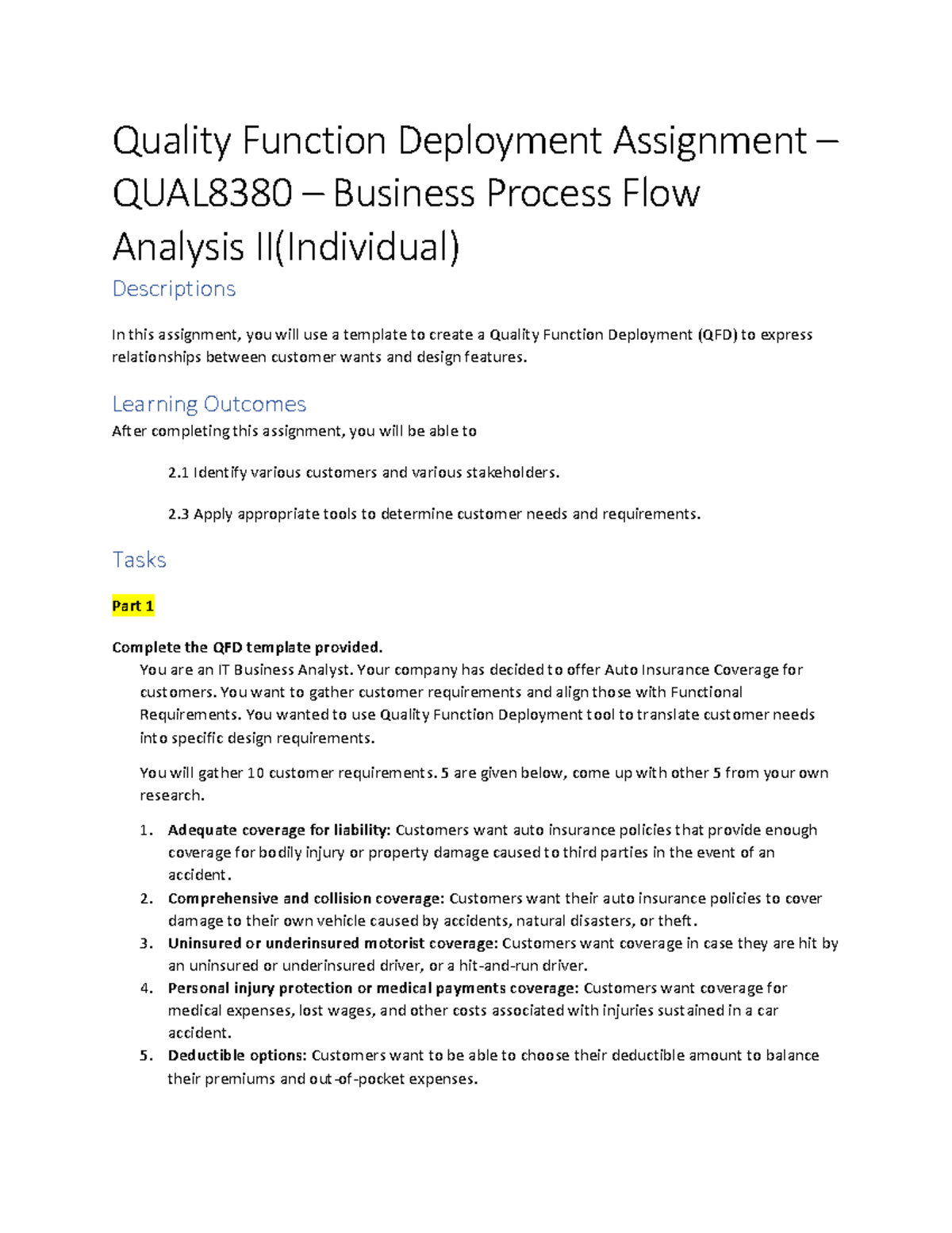 QFD Assigment - Individual - Quality Function Deployment Assignment – QUAL8380 – Business ...