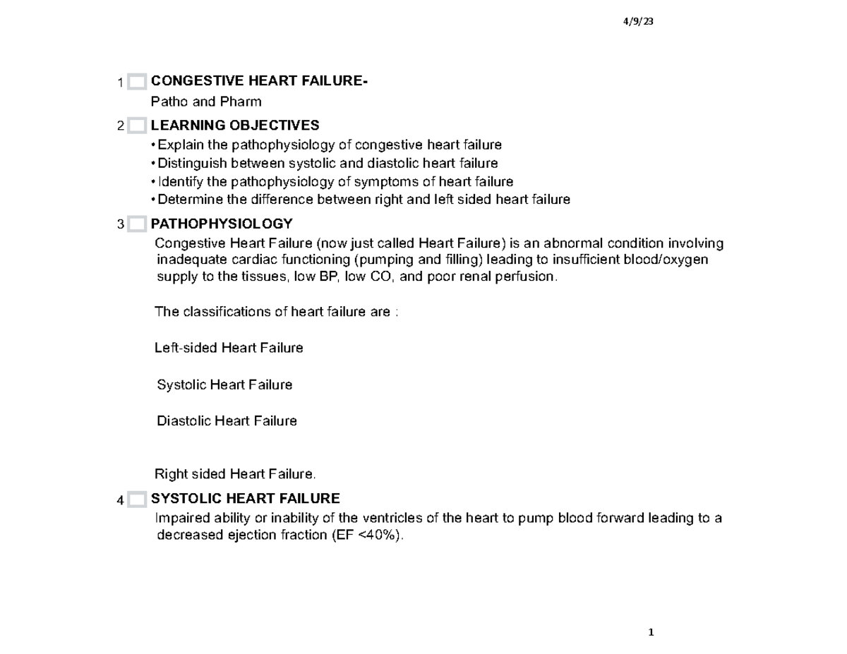 Jschf Patho and Meds 2023 - 4/9/ 1 CONGESTIVE HEART FAILURE- Patho and ...