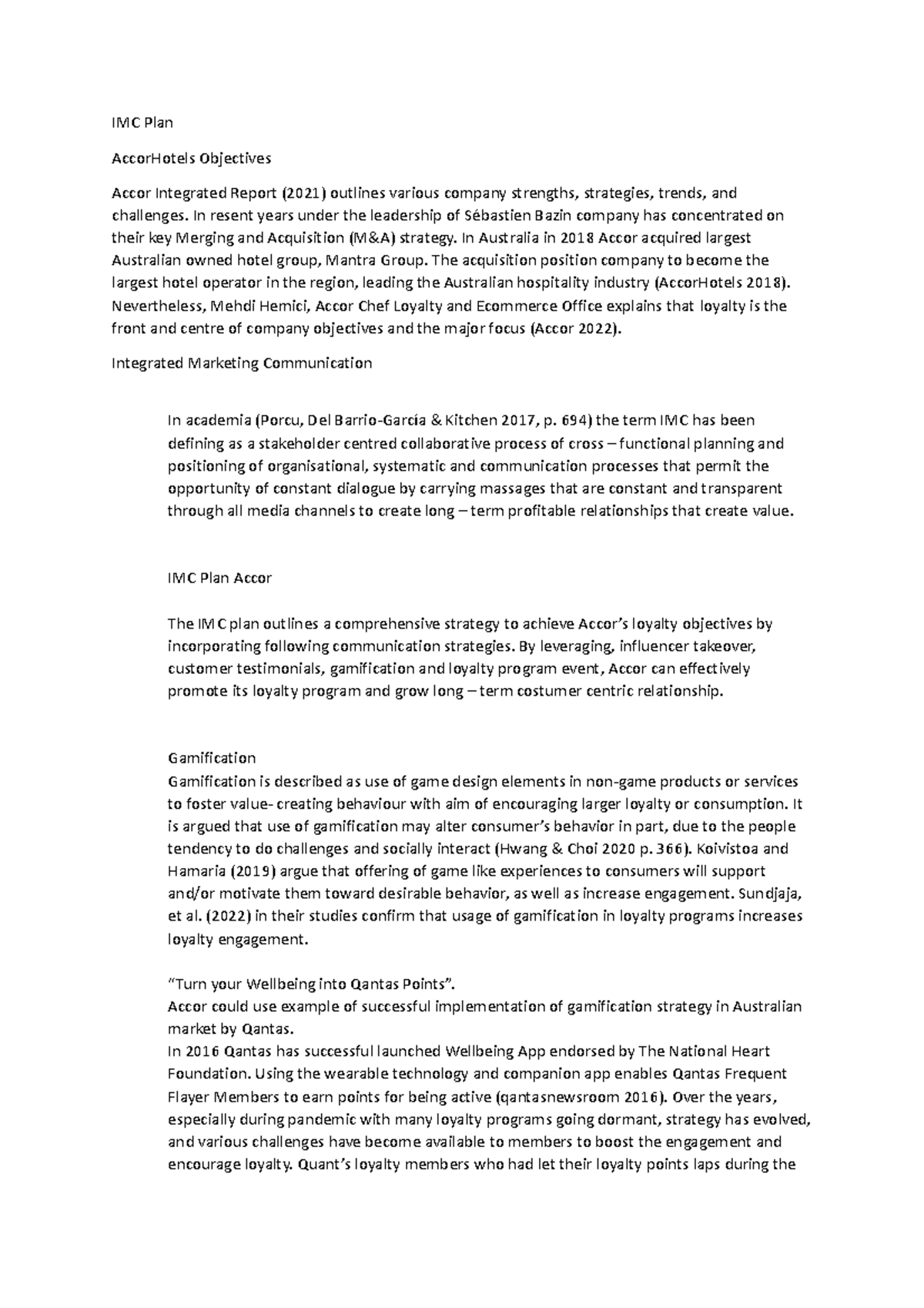 Assesment 2 - Accor transformation and marketing - IMC Plan AccorHotels ...