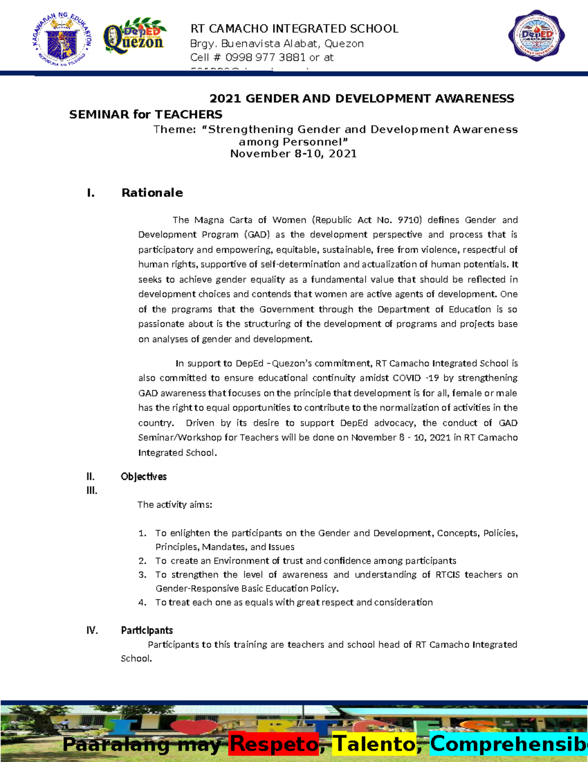 2021 GAD Training Design - Brgy. Buenavista Alabat, Quezon Cell # 0998 ...