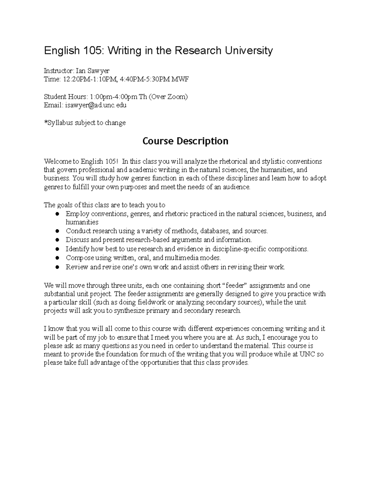 ENGL105 Syllabus Spring 2022 - English 105: Writing in the Research ...