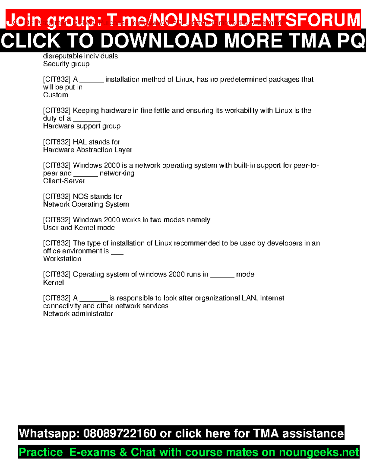 TMA CIT832 TMA2 - Telegram group: T/BBCNOUN [CIT832] A _______ is responsible of ensuring ...