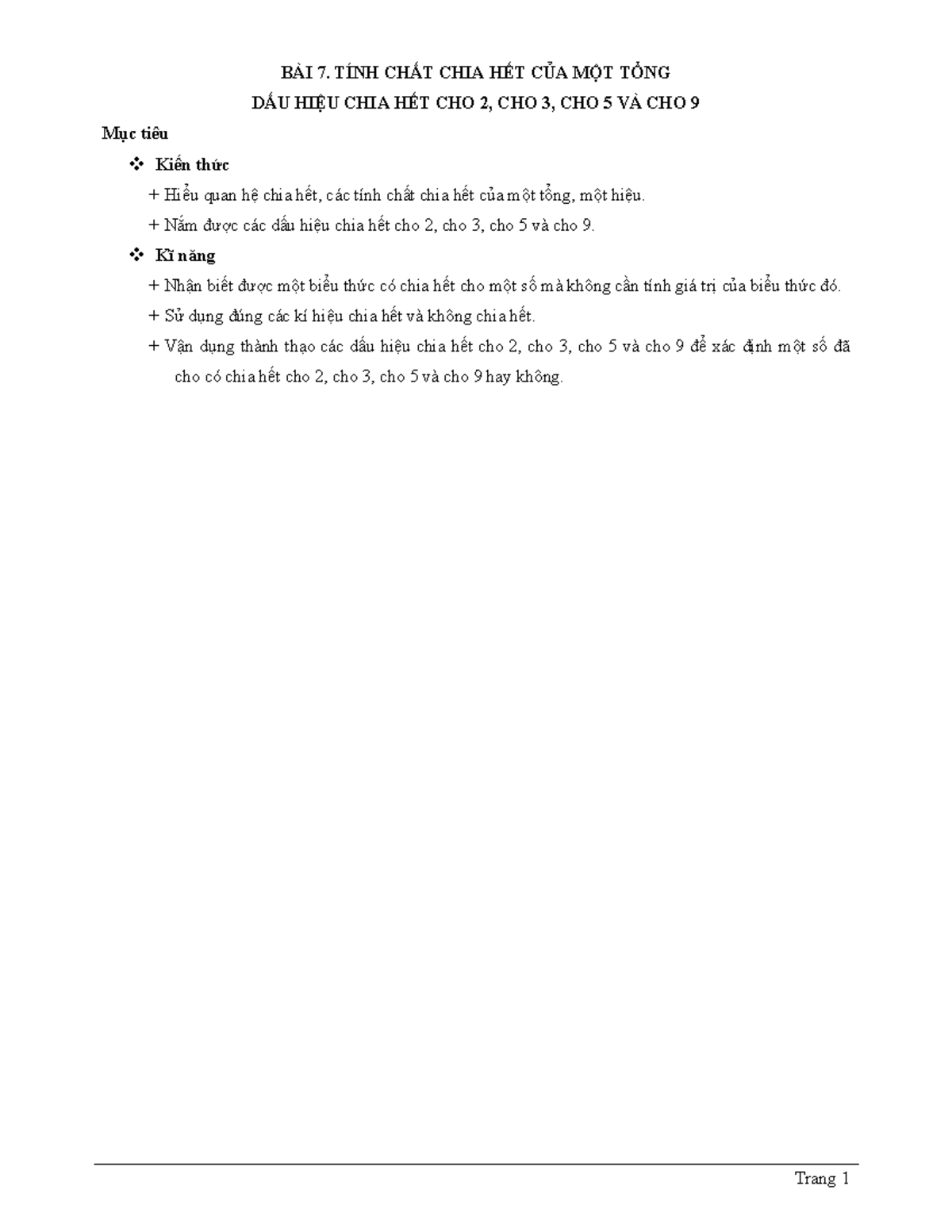 Chuyen de tinh chat chia het cua mot tong dau hieu chia het cho 2 cho 3 ...