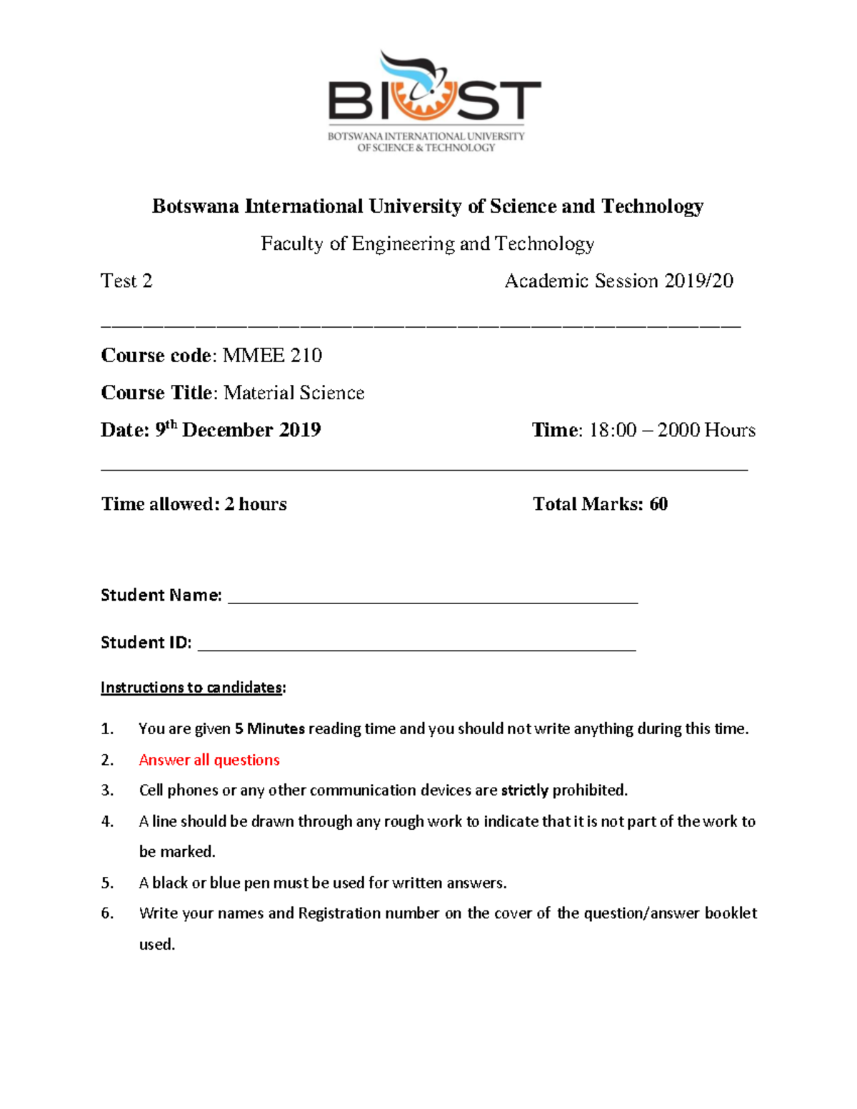 MMEE 210 test 2 2019 - MMEE - Botswana International University of ...