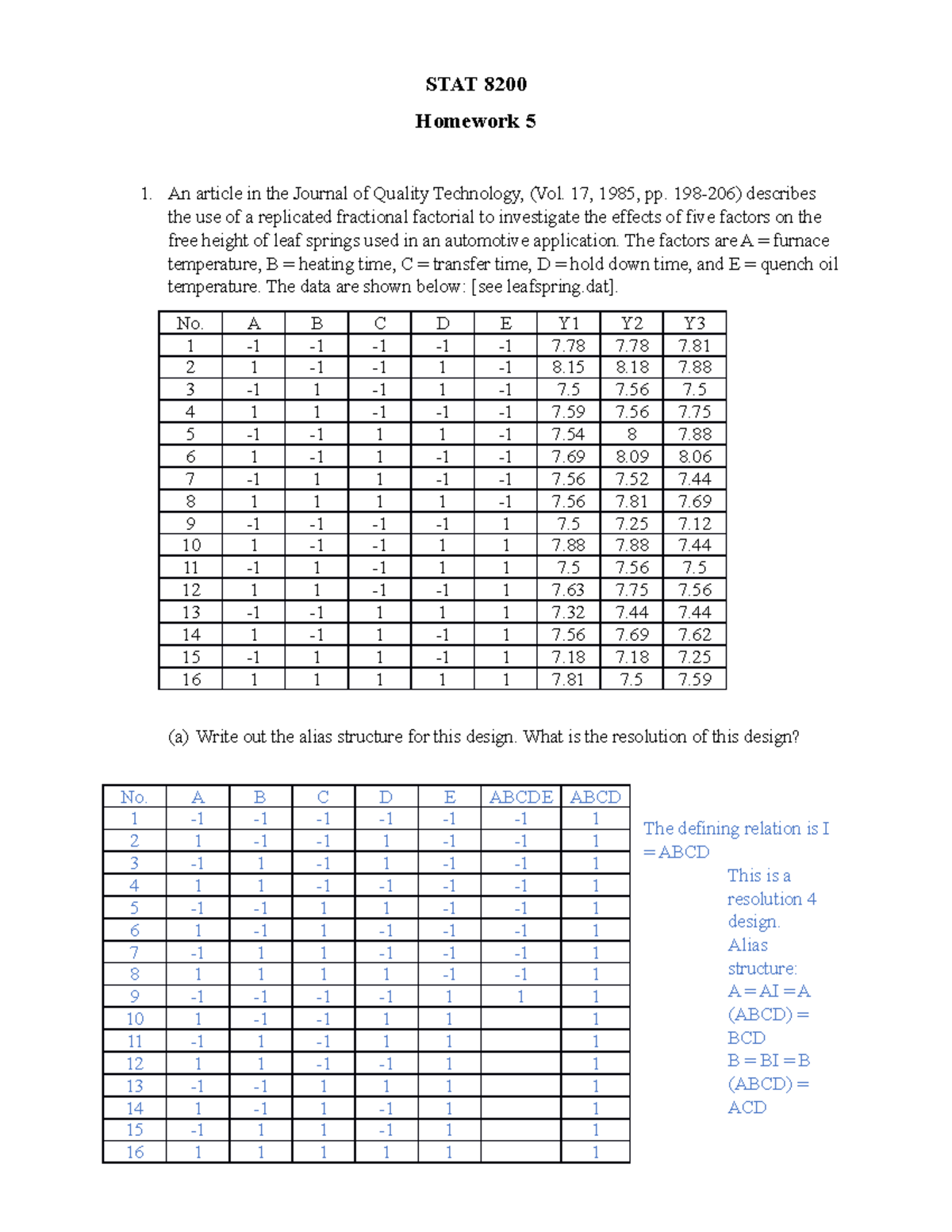 HW 5 - Homework assignments - STAT 8200 Homework 5 An article in the Journal of Quality ...