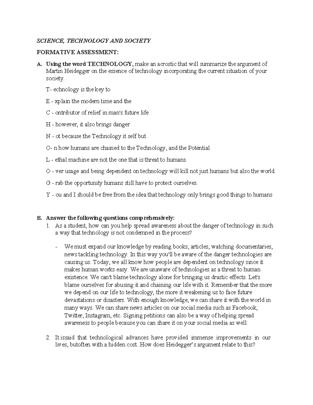 Technology- Acrostic - SCIENCE, TECHNOLOGY AND SOCIETY FORMATIVE ...
