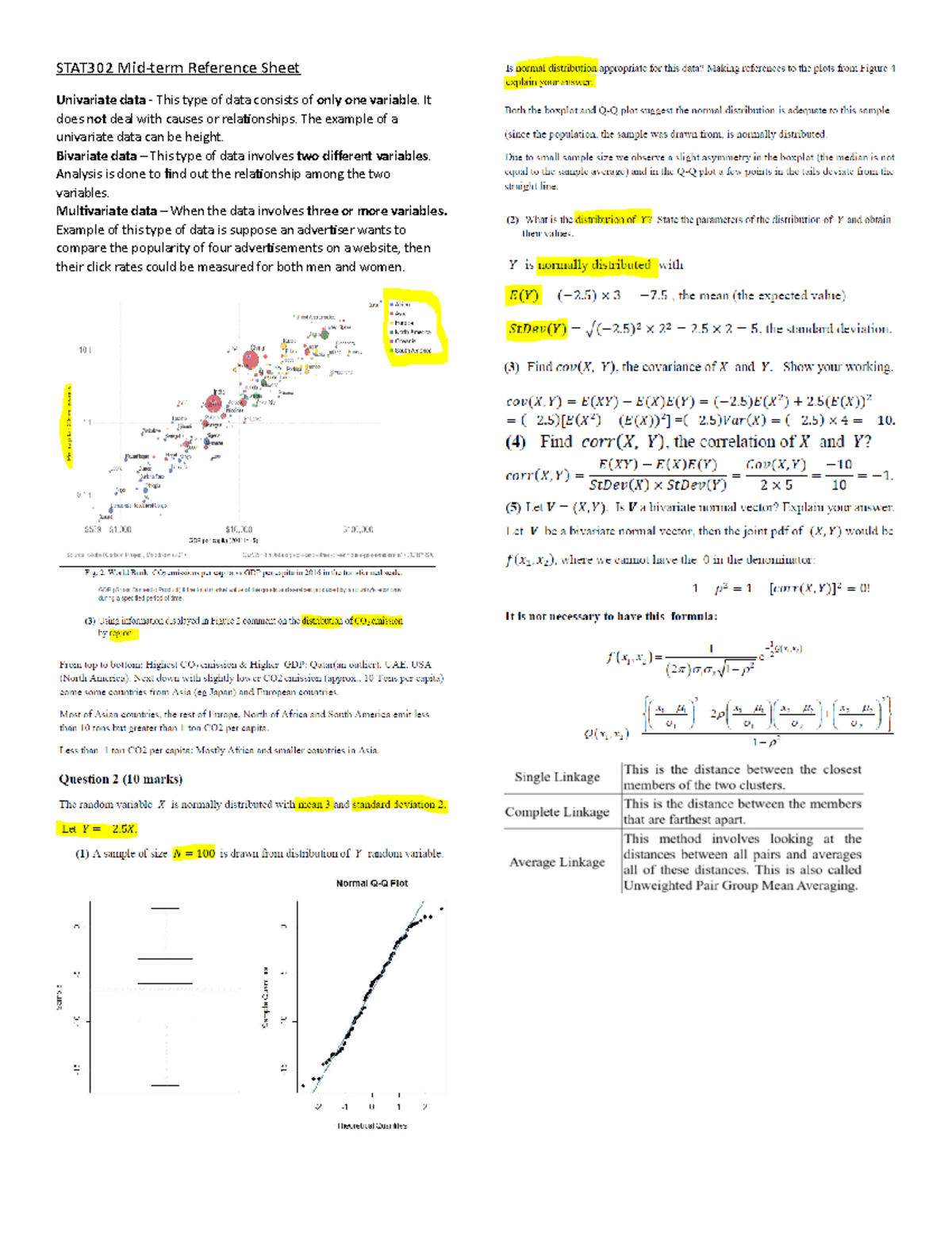 STAT302 Mid-term Reference Sheet - STAT302 Mid-term Reference Sheet Univariate data - This type ...