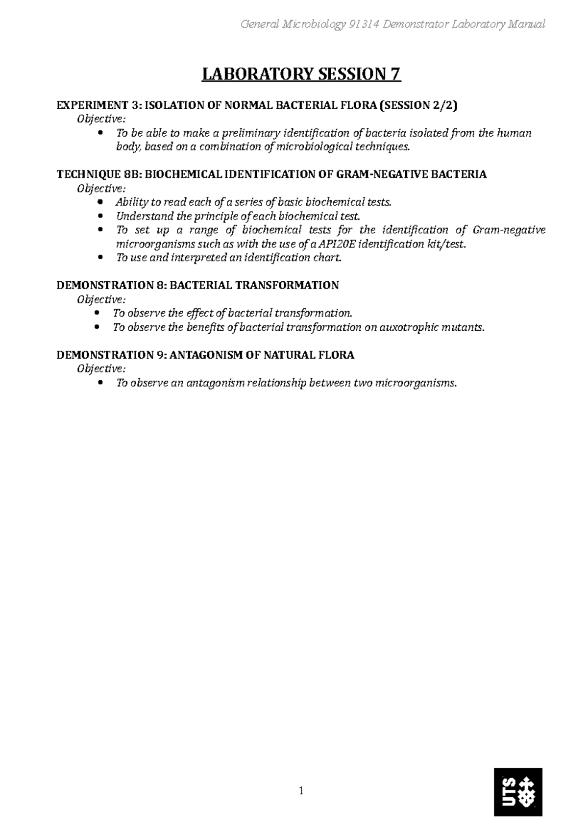 Gen Micro Lab Session 7 Demonstration worksheet - LABORATORY SESSION 7 EXPERIMENT 3: ISOLATION ...