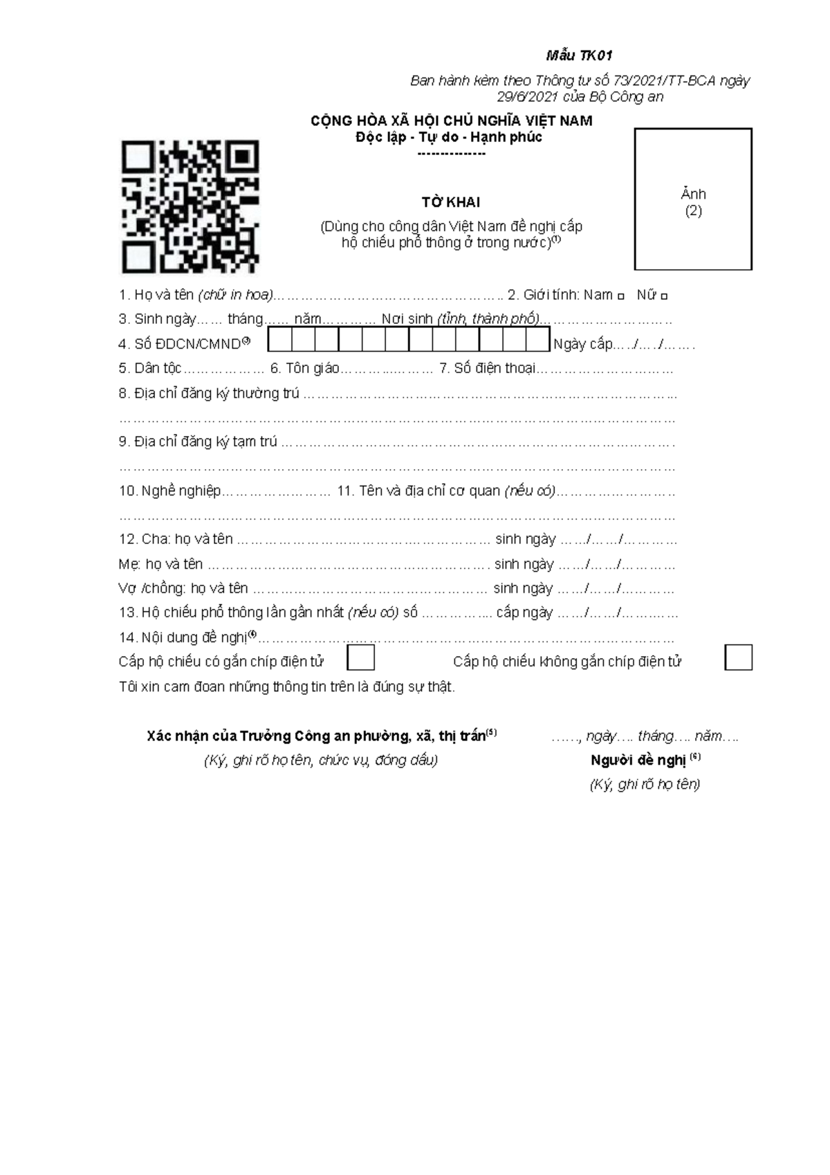 Tờ-khai-cấp-hộ-chiếu-mẫu-TK01 - Mẫu TK Ban hành kèm theo Thông tư số 73/2021/TT-BCA ngày 29/6 ...