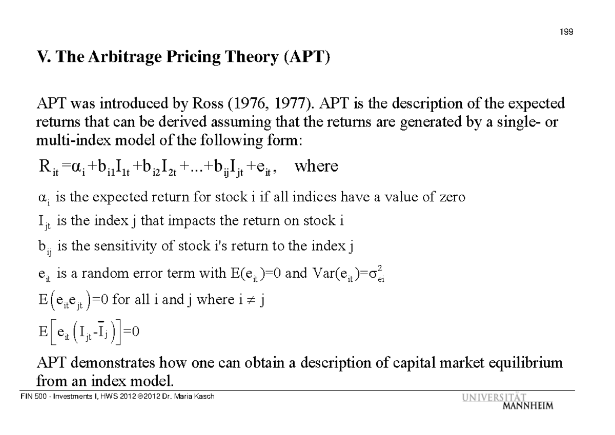 FIN 500 Ch5 - FIN 500 Ch5 - V. The Arbitrage Pricing Theory (APT) APT ...