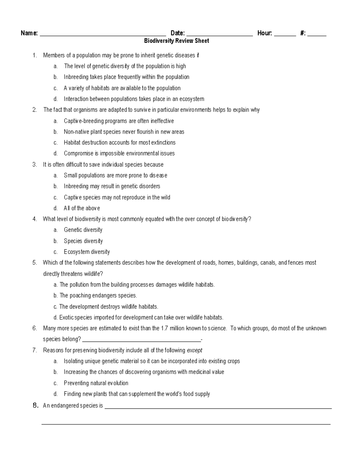 Biodiversity Review Sheet - Name ...