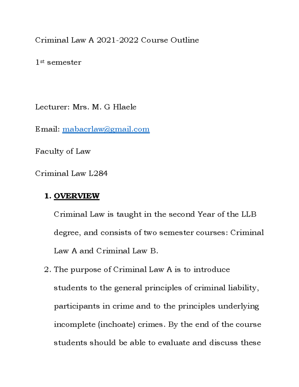 Criminal LAW Course Outline 2019-20202 1ST Semester - Criminal Law A ...