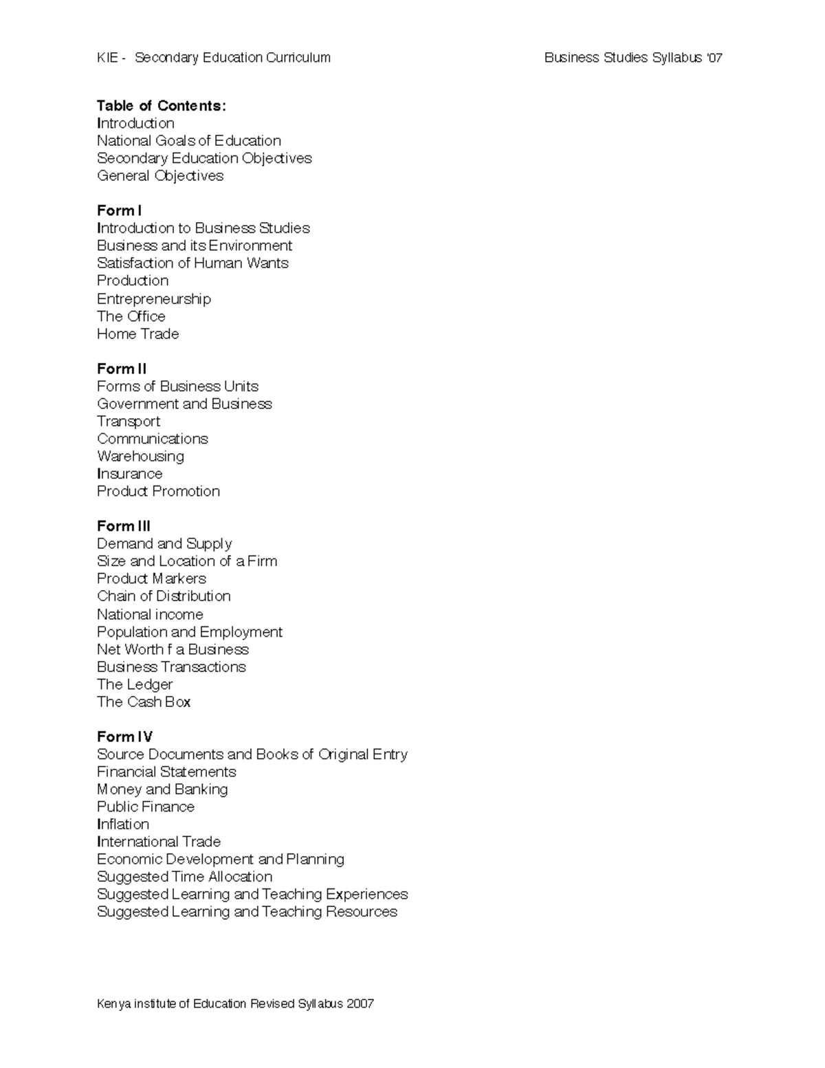 Business Studies - Syllabus - Table of Contents: Introduction National ...