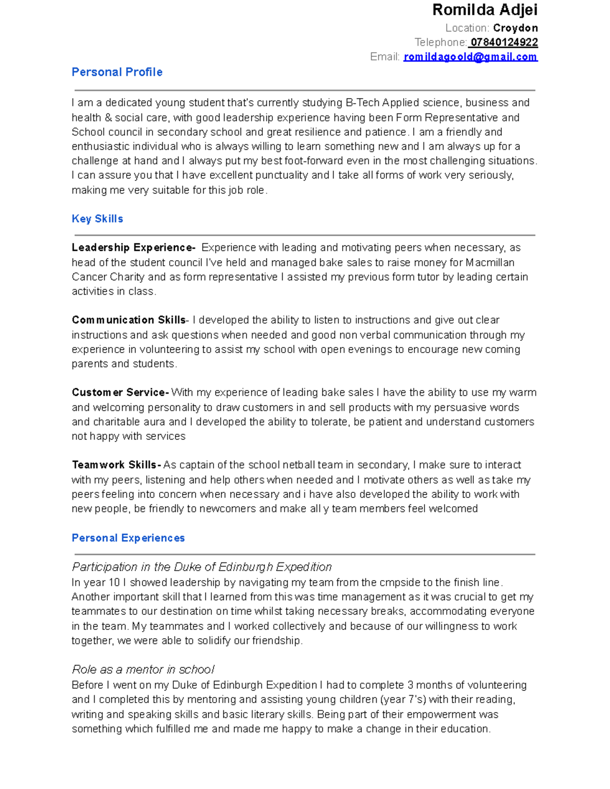 cv example for unit 14 - Romilda Adjei Location: Croydon Telephone: 07840124922 Email: - Studocu